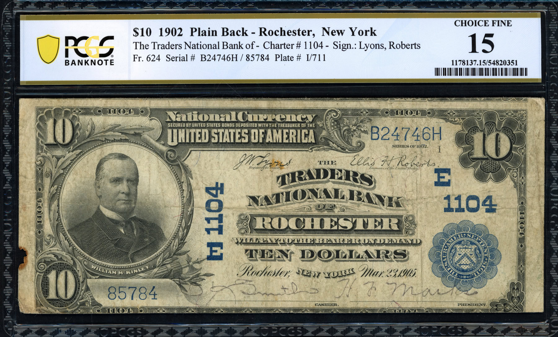 Fr. 624 Rochester, New York 1902 $10 Plain Back Note The Traders ...