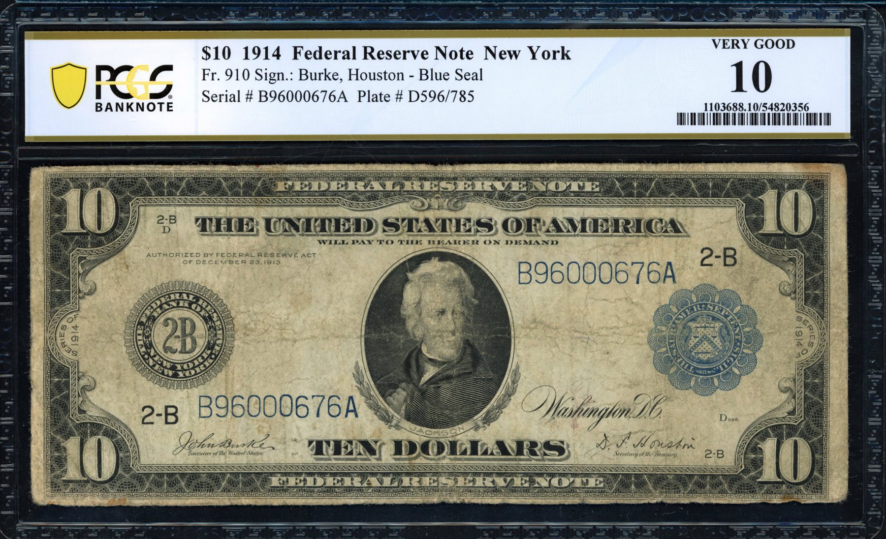 Fr. 910 1914 $10 New York Federal Reserve Note Burke / Houston PCGS Banknote Very Good 10 | PCGS ...