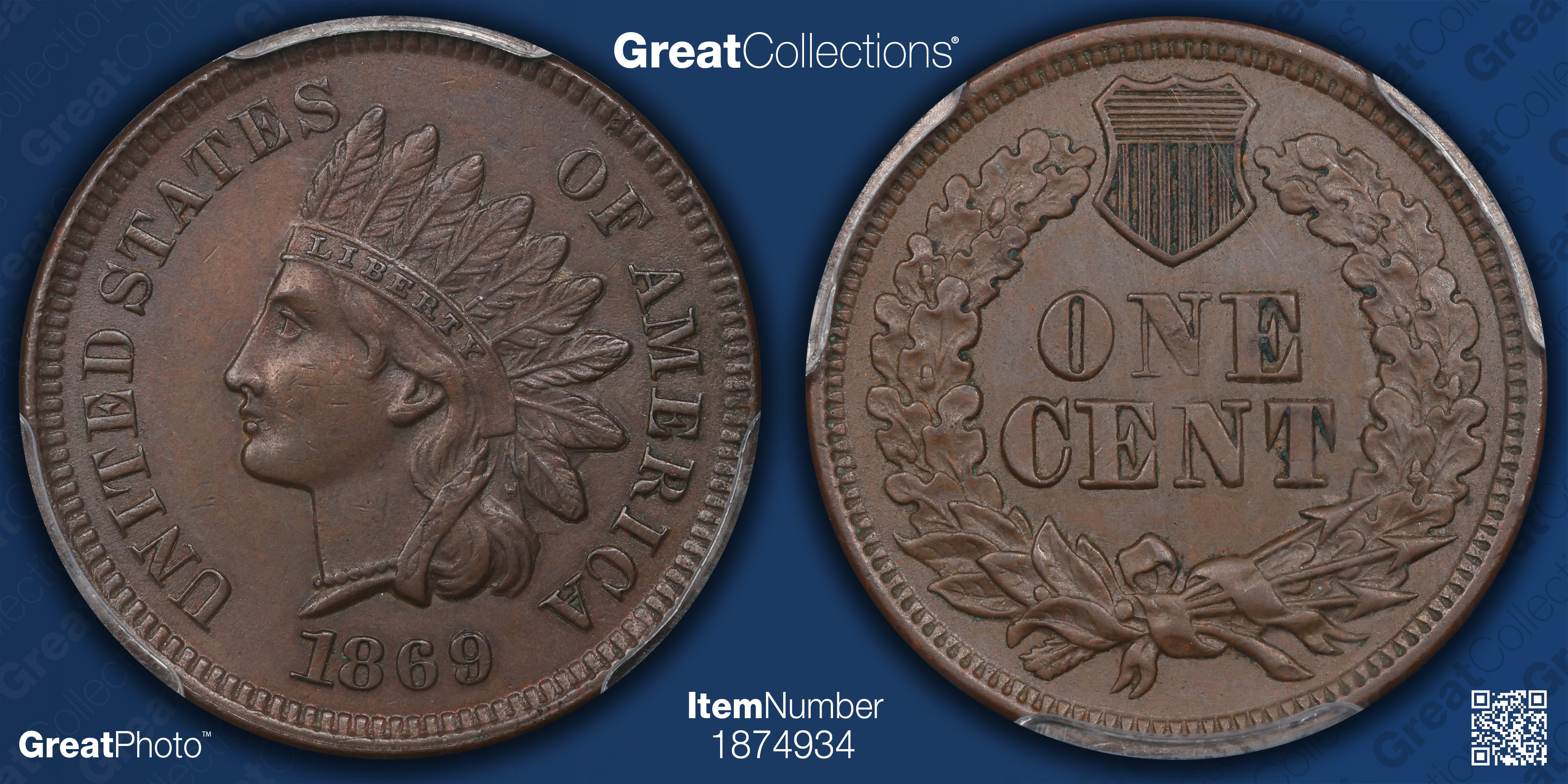 1869/69 Indian Cent Repunched Date FS-301 S-3 (008.3) PCGS AU-58 BN ...