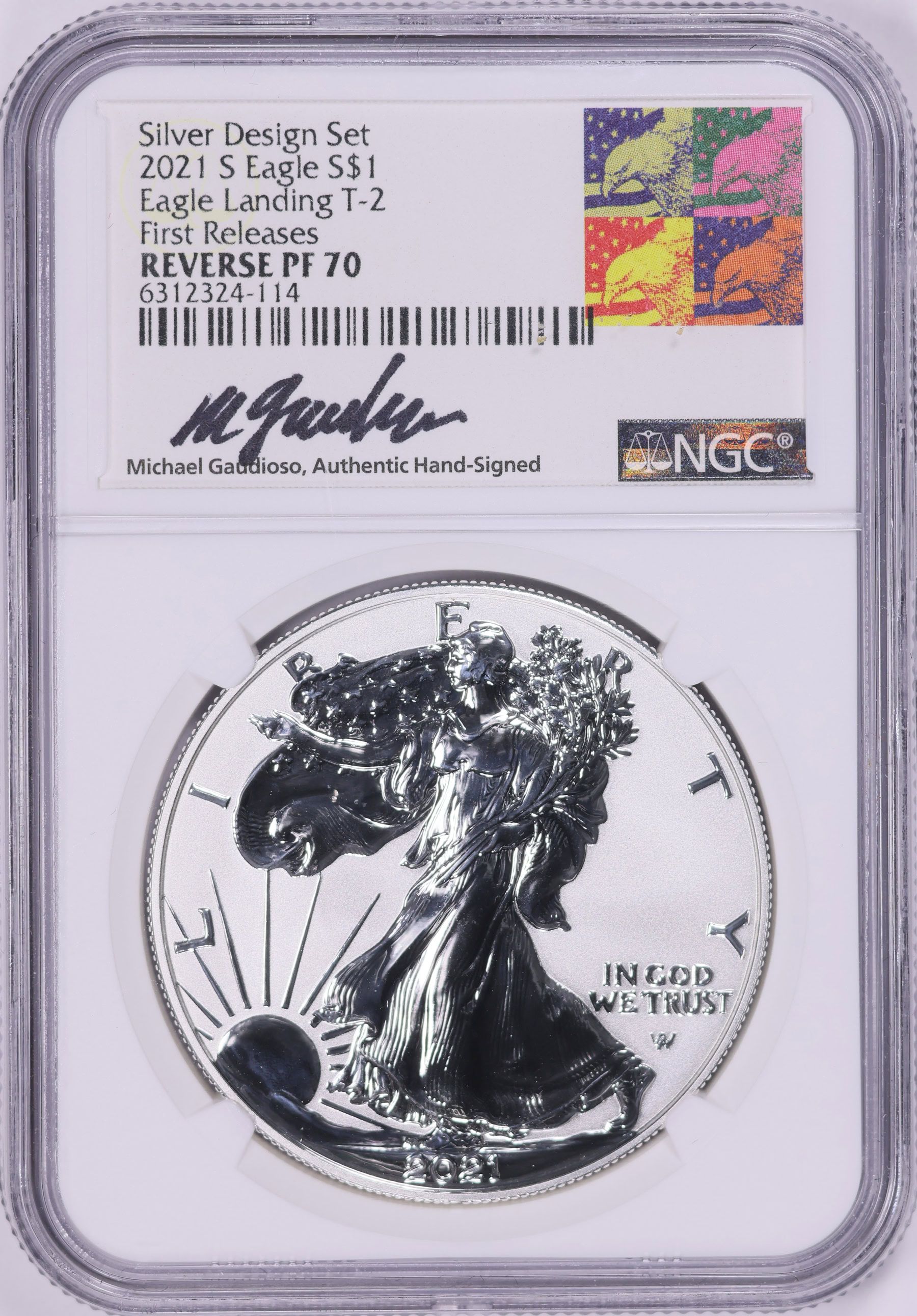 2021-S $1 Silver Eagle Type 2 Reverse Proof First Releases NGC Proof-70 (Michael Gaudioso Signed ...
