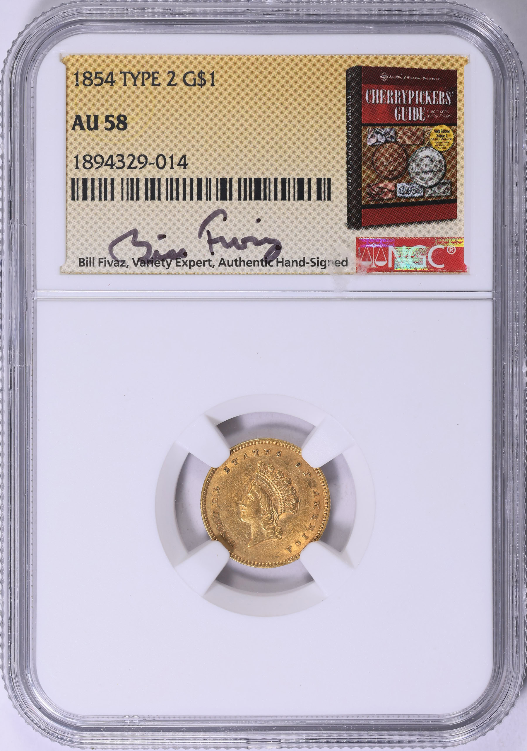 1854 Indian Princess Gold Dollar Type 2 NGC AU-58 (Bill Fivaz Signed Label) (Item 1875127 ...