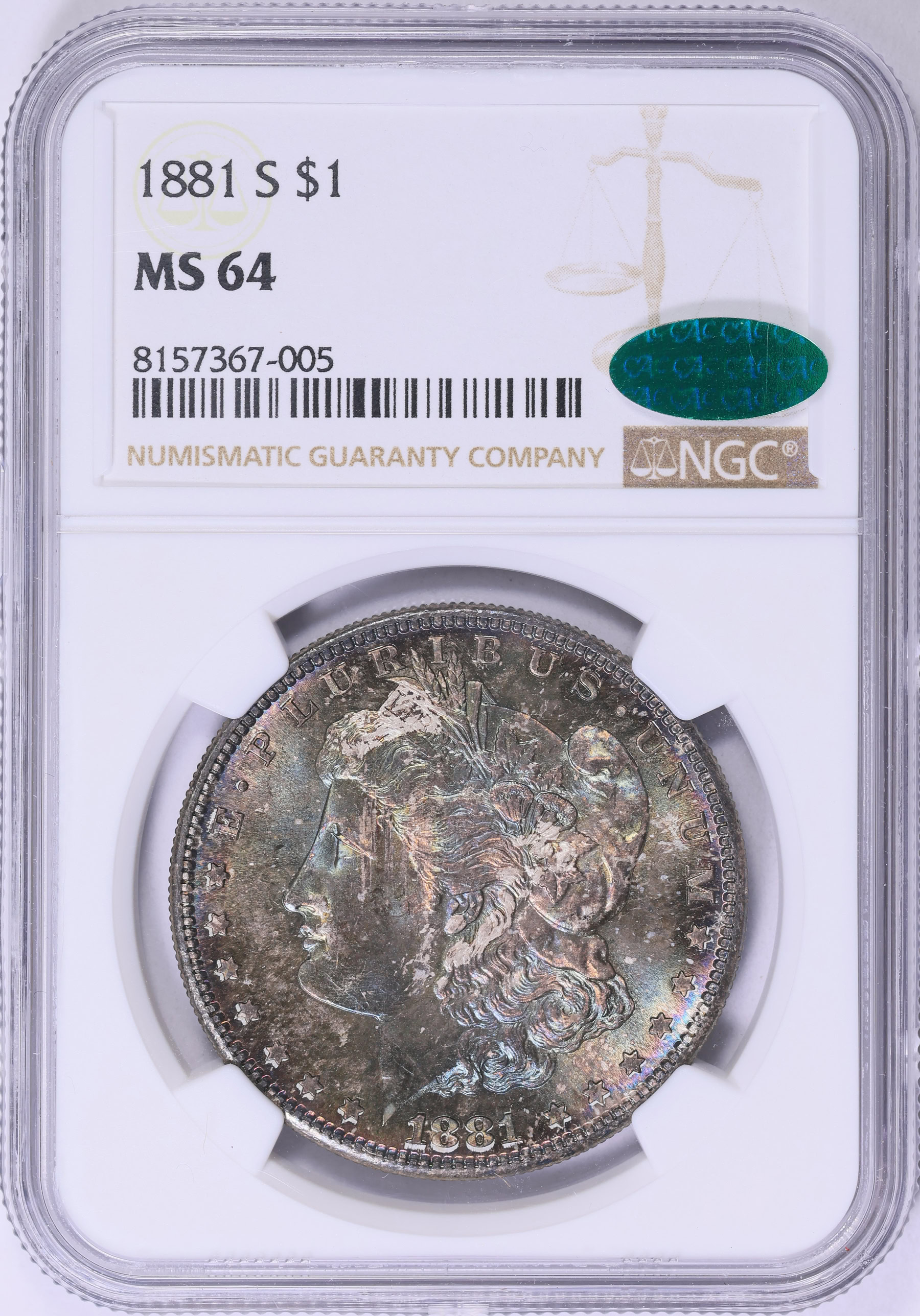 1881-S Morgan Silver Dollar NGC MS-64 (CAC Green) (Toned) (Item 1875143) | GreatCollections Coin ...
