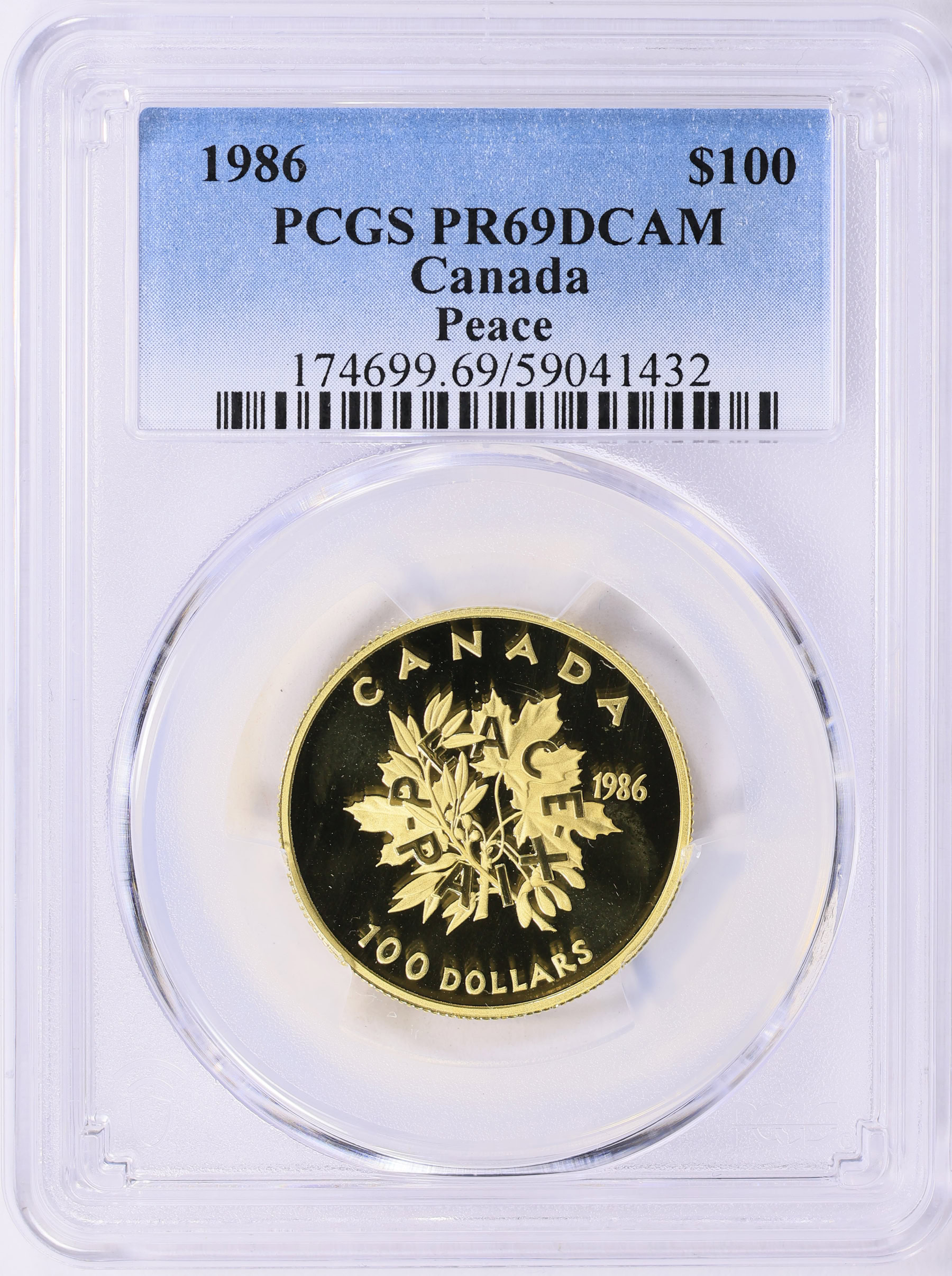 Canada 1986 Gold $100 Peace KM-152 PCGS Proof-69 DCAM (AGW = 0.5 Oz ...