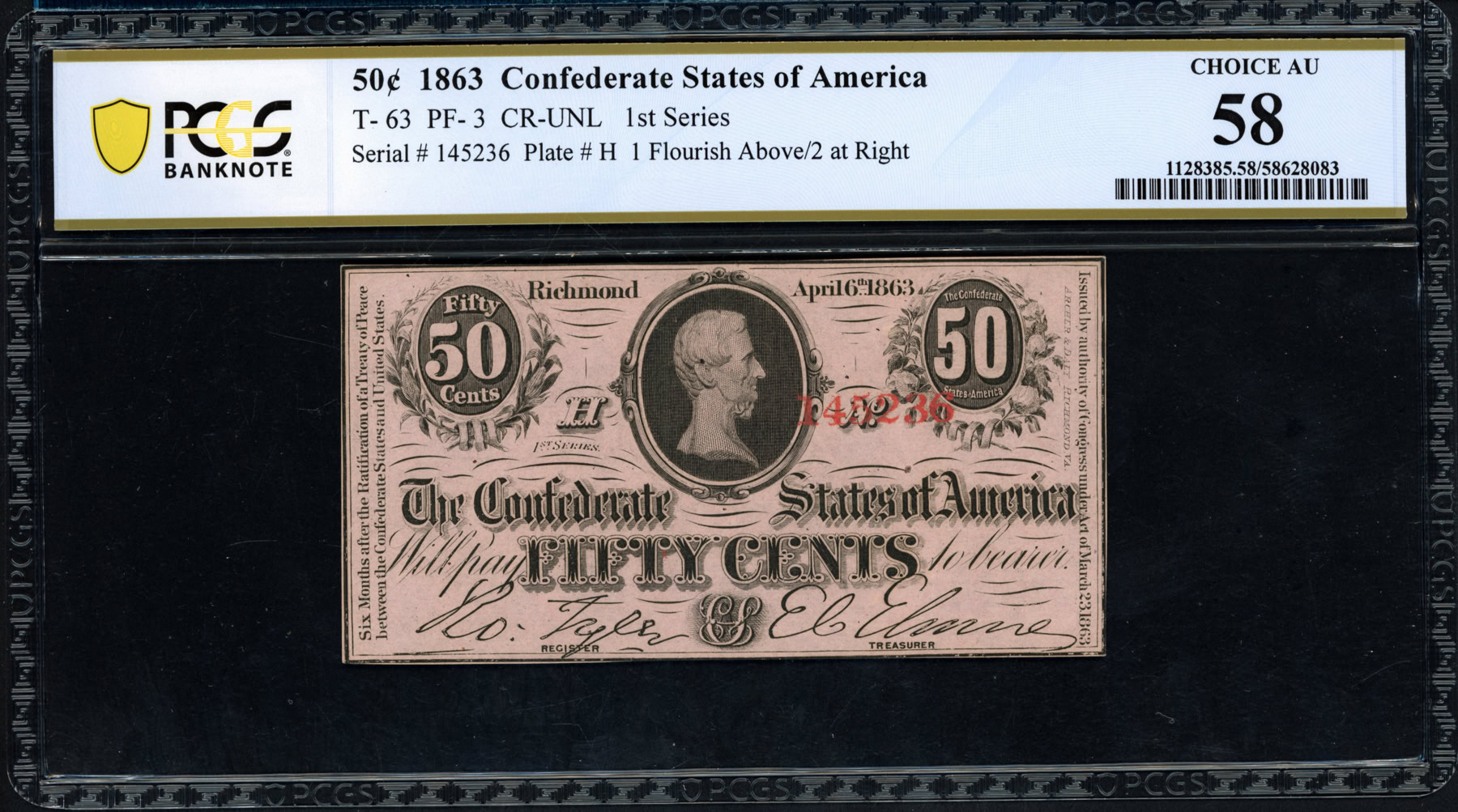 T-63 Confederate States of America 1863 50 Cents Note PCGS Banknote ...