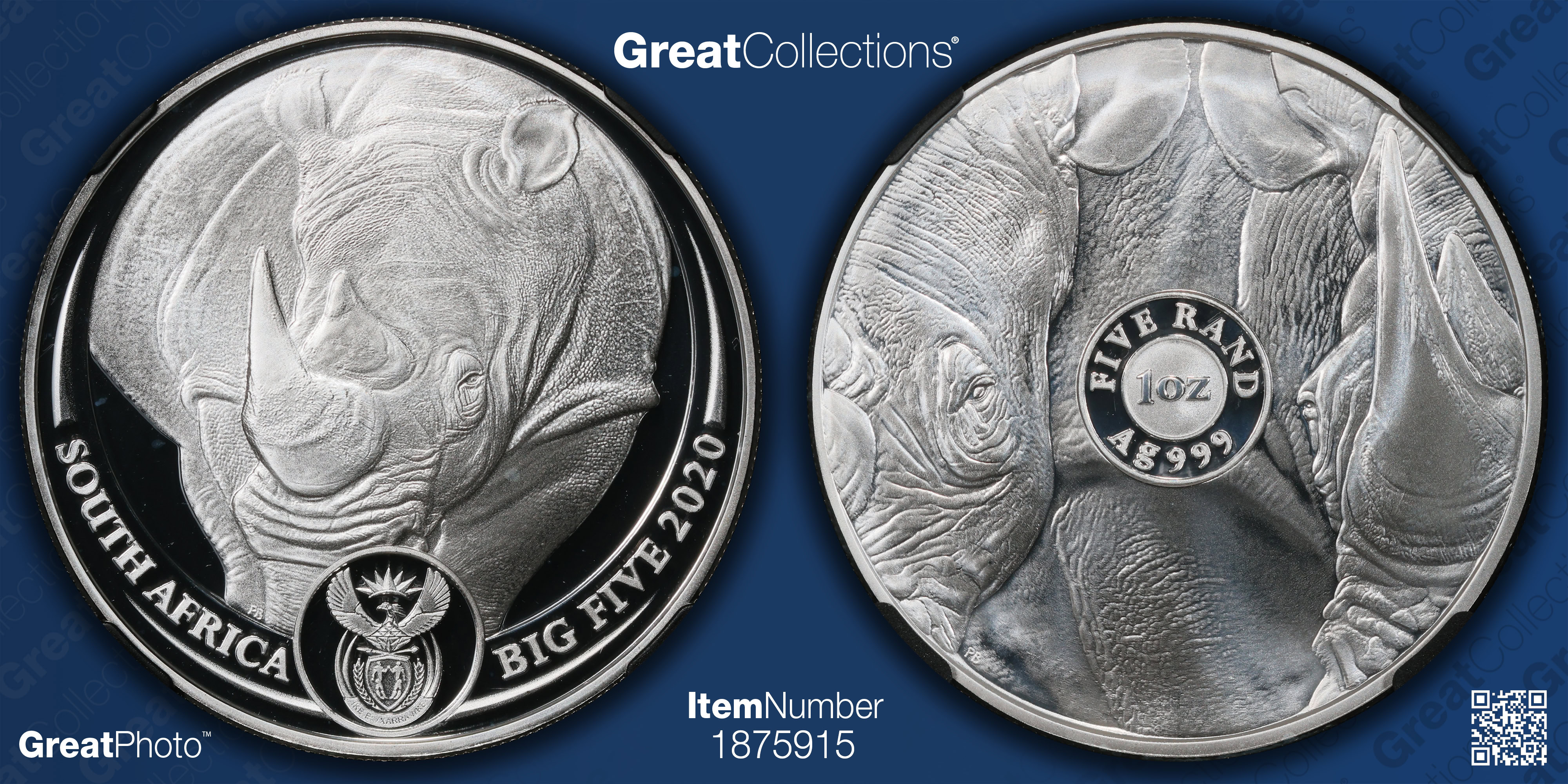 South Africa 2020 Silver 5 Rand Big 5 Rhino First Day of Issue NGC ...