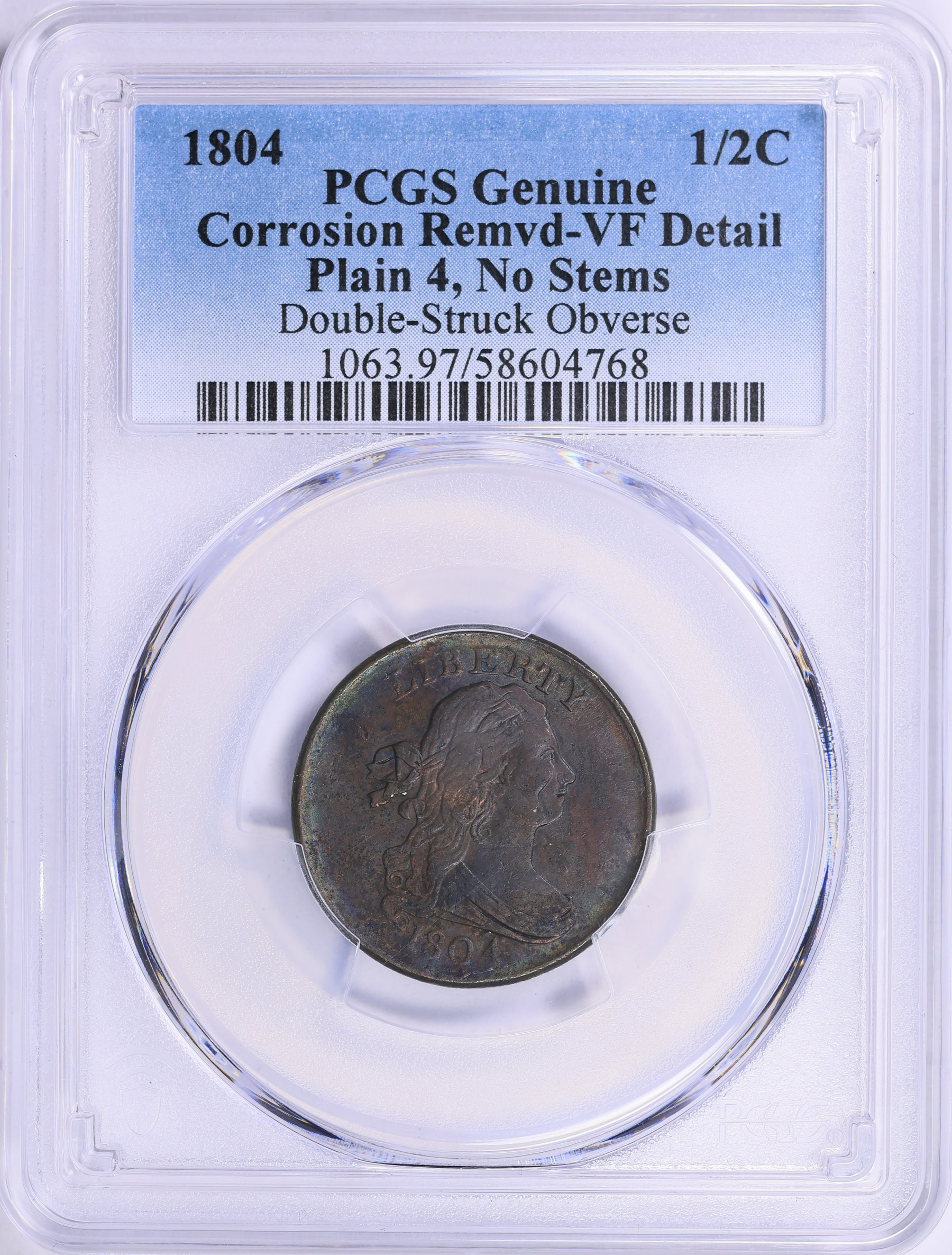1804 Draped Bust Half Cent Plain 4, No Stems Double-Struck Obverse PCGS ...