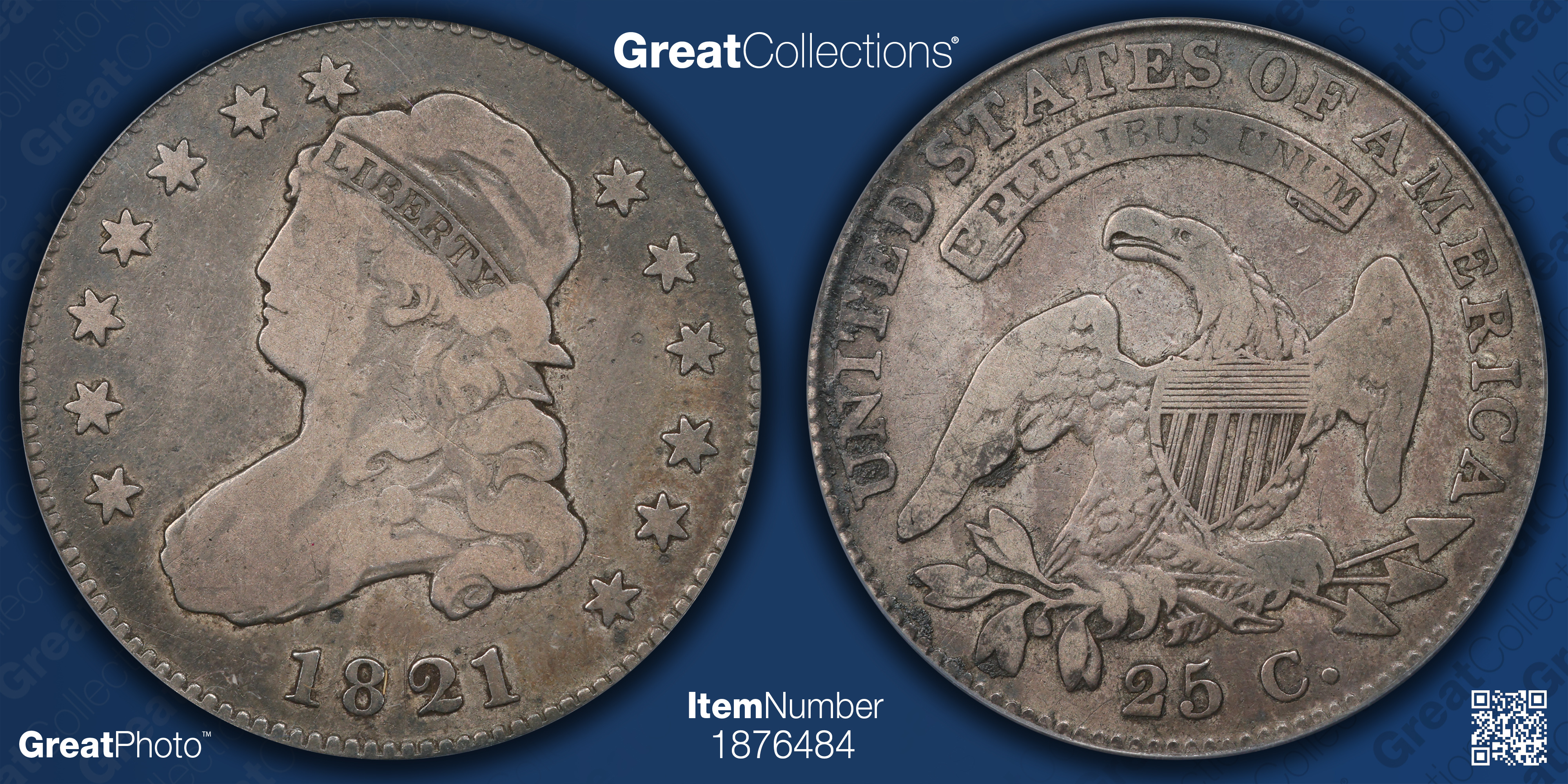 1821 Capped Bust Quarter ANACS VG-10 (Item 1876484) | GreatCollections ...