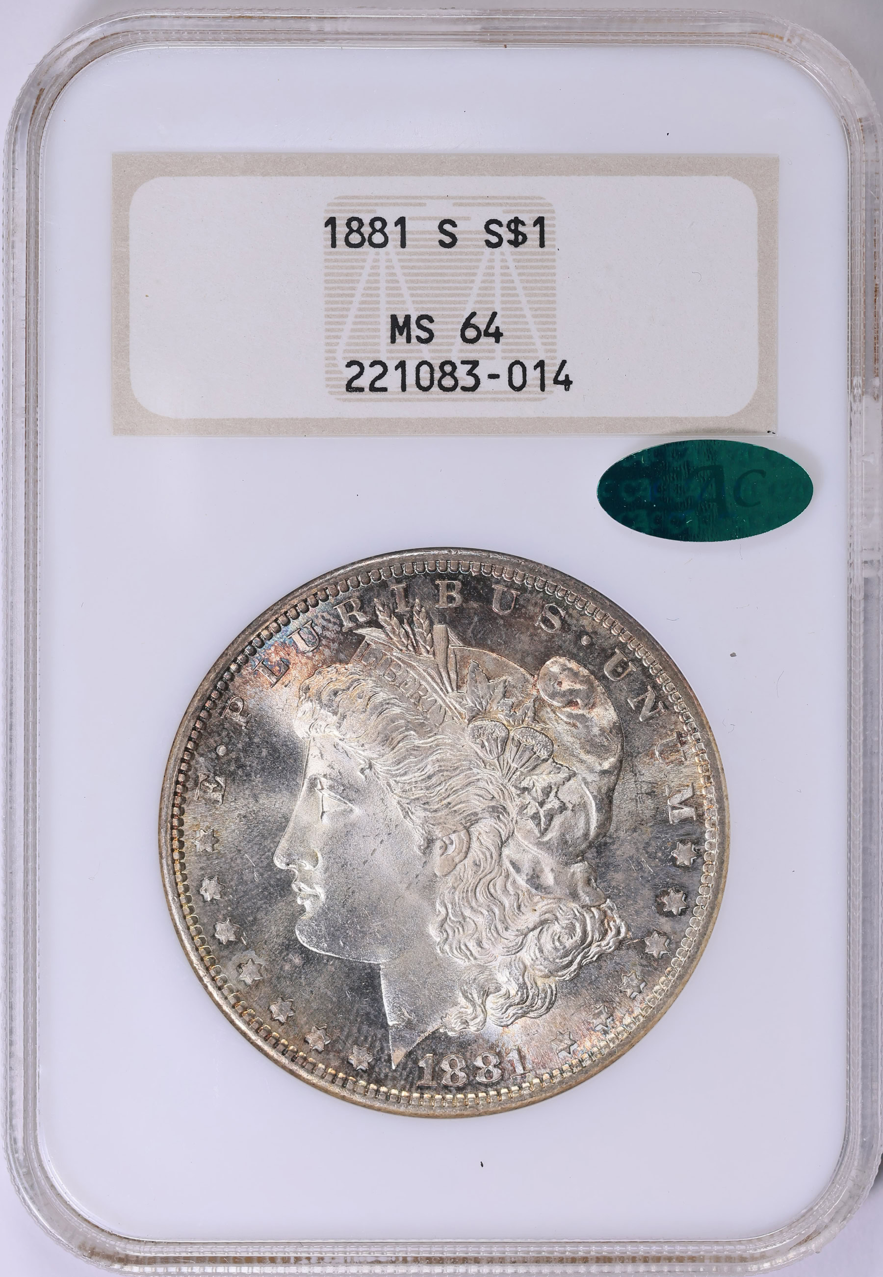 1881-S Morgan Silver Dollar NGC MS-64 (CAC Green) (Toned) OH (Item 1876523) | GreatCollections ...