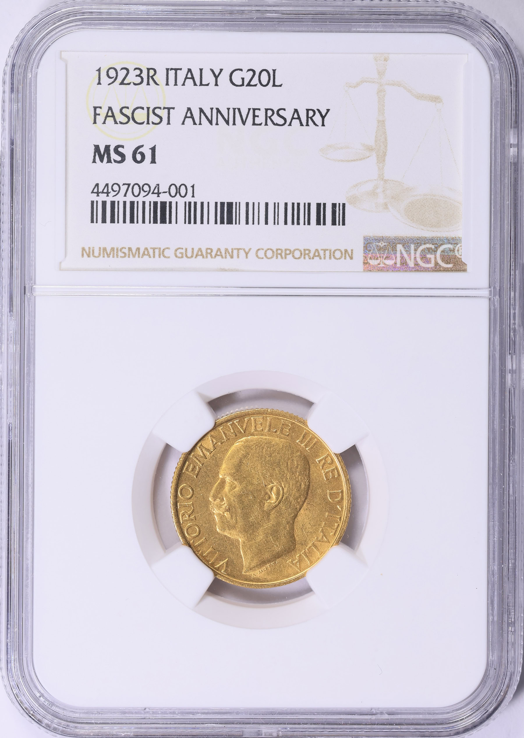 Italy 1923-R Gold 20 Lire Fascist Government First Anniversary KM-64 ...