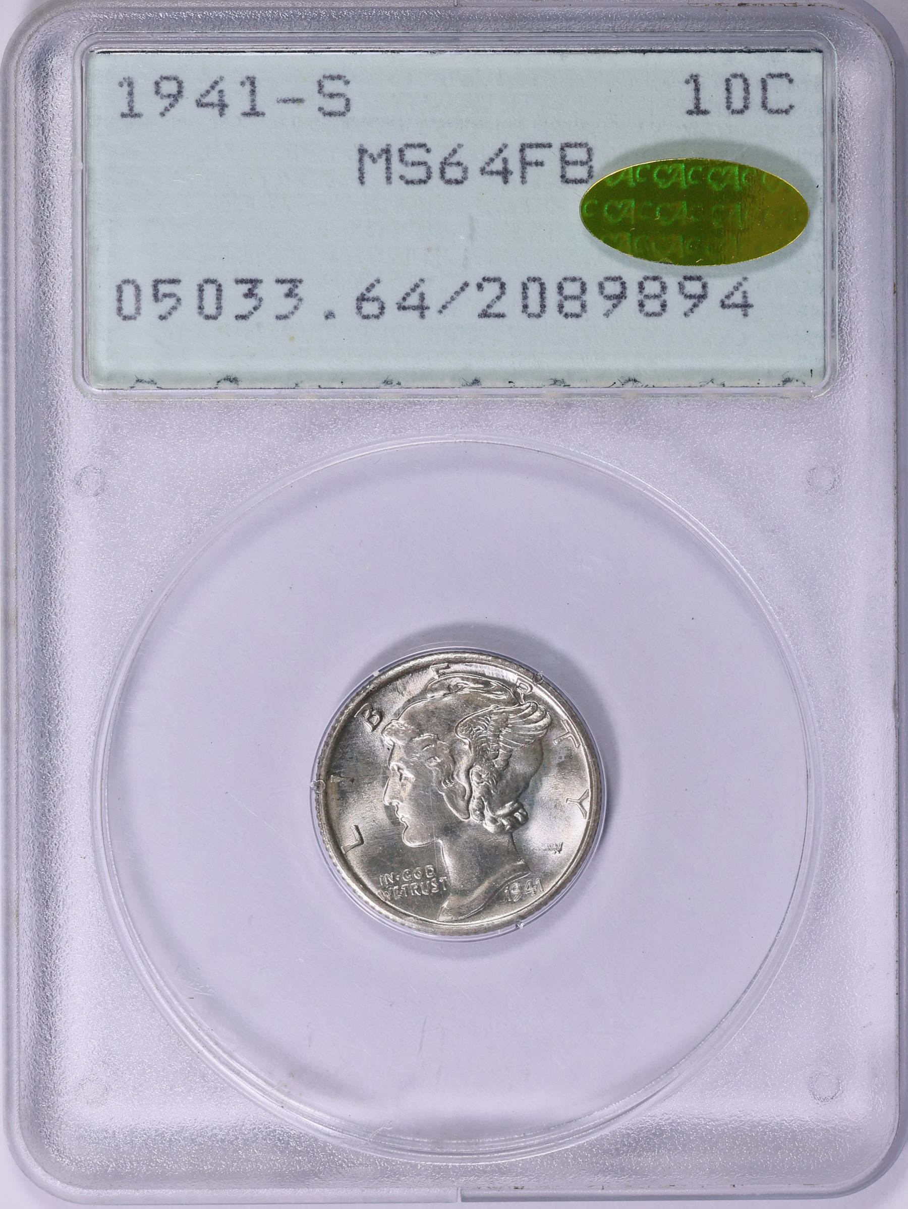 1941-S Mercury Dime PCGS MS-64 FB (CAC Gold) OGH (1st Gen) (Item 1876636) | GreatCollections ...
