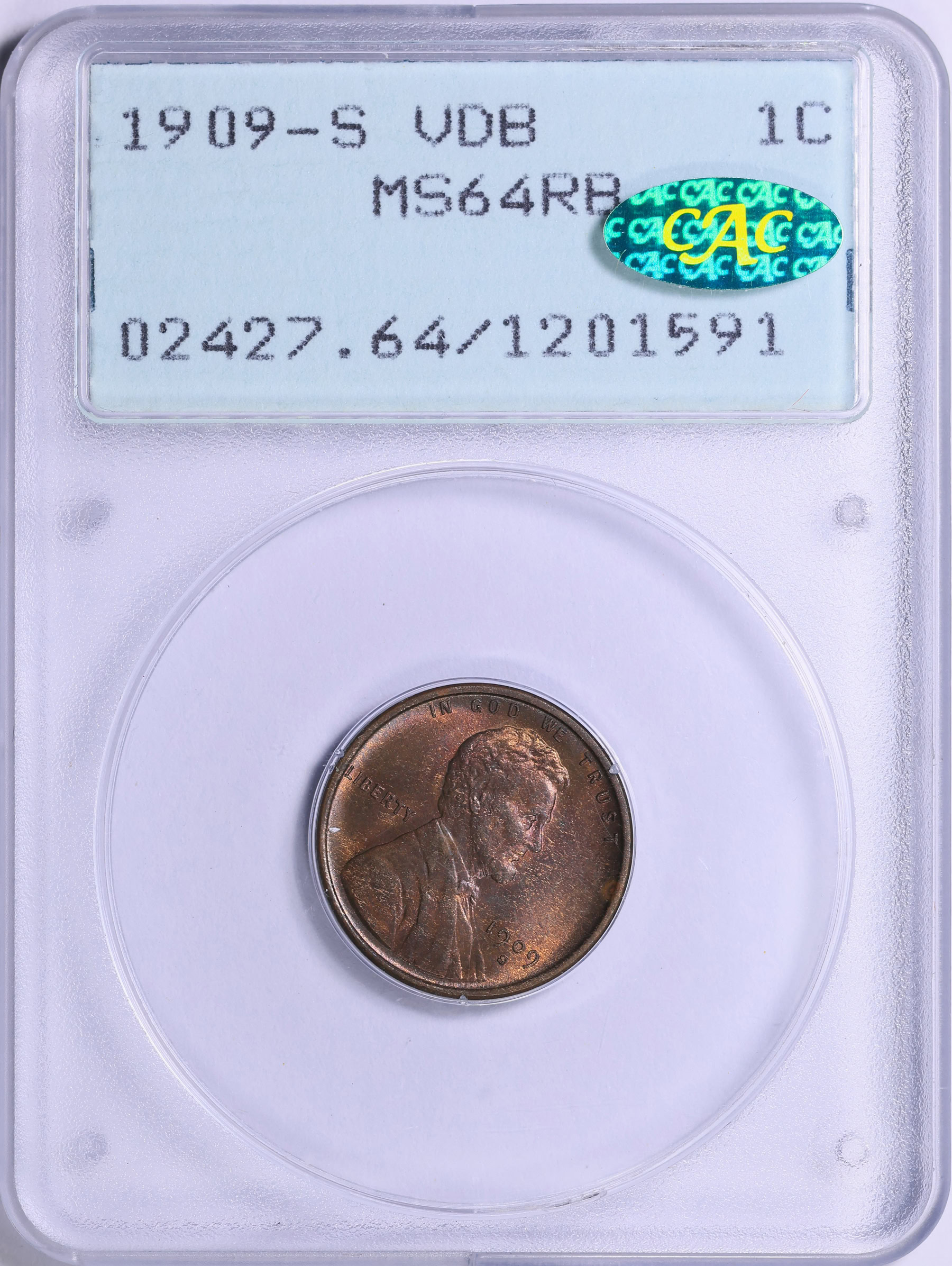 1909-S Lincoln Cent V.D.B. PCGS MS-64 RB (CAC Green) OGH (1st Gen) (Item 1876656 ...