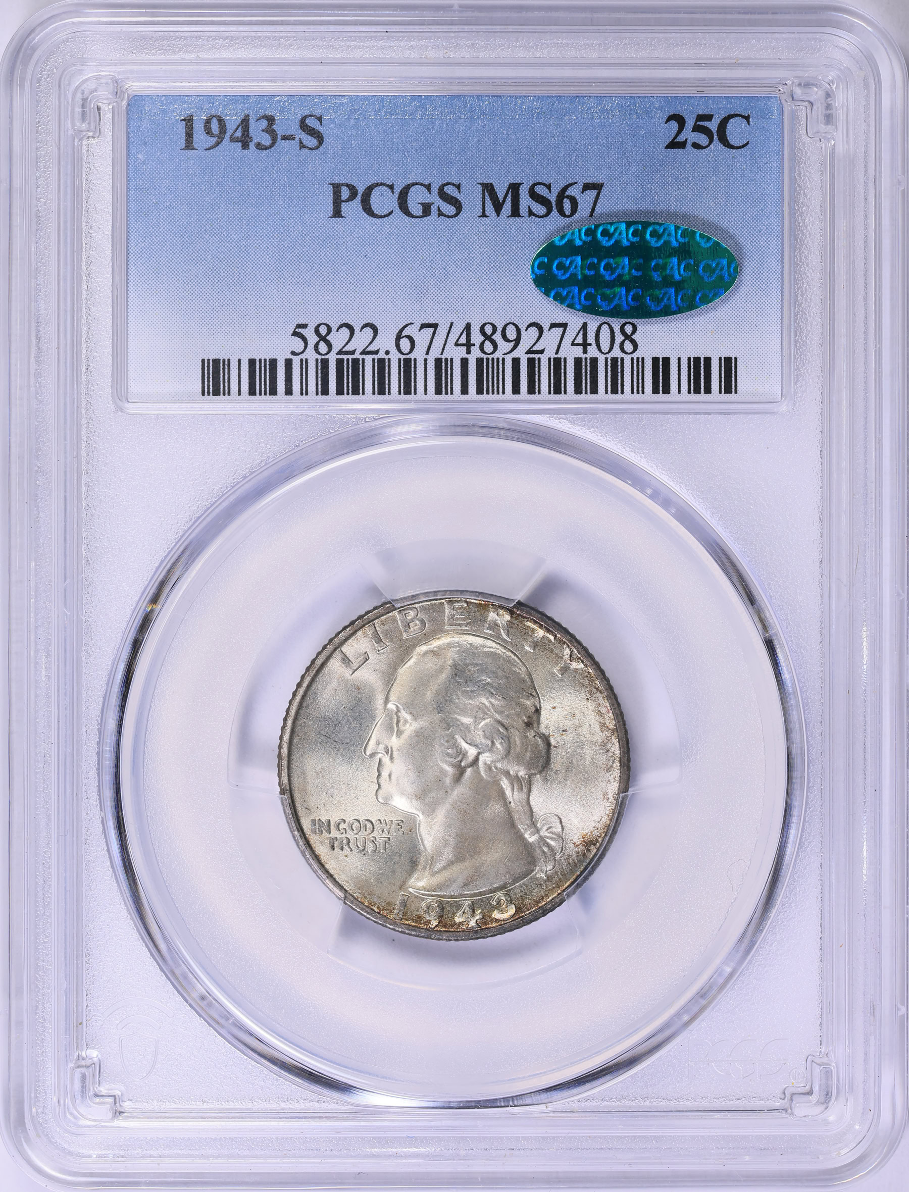 1943-S Washington Quarter PCGS MS-67 (CAC Green) (Item 1876765) | GreatCollections Coin Auctions