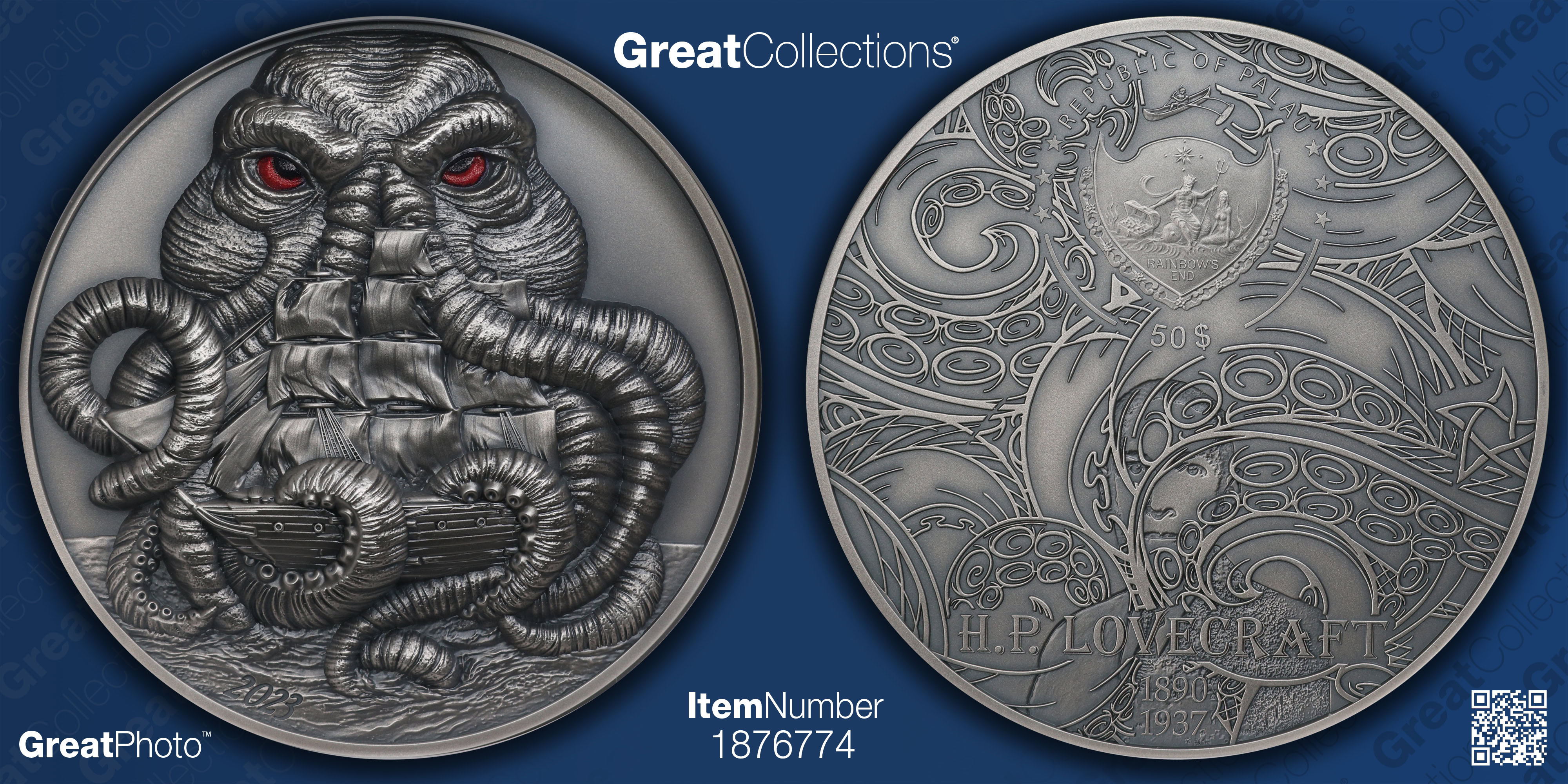 Palau 2023 Silver $50 Kilo H.P. Lovecraft Cthulhu Ultra High Relief KM ...