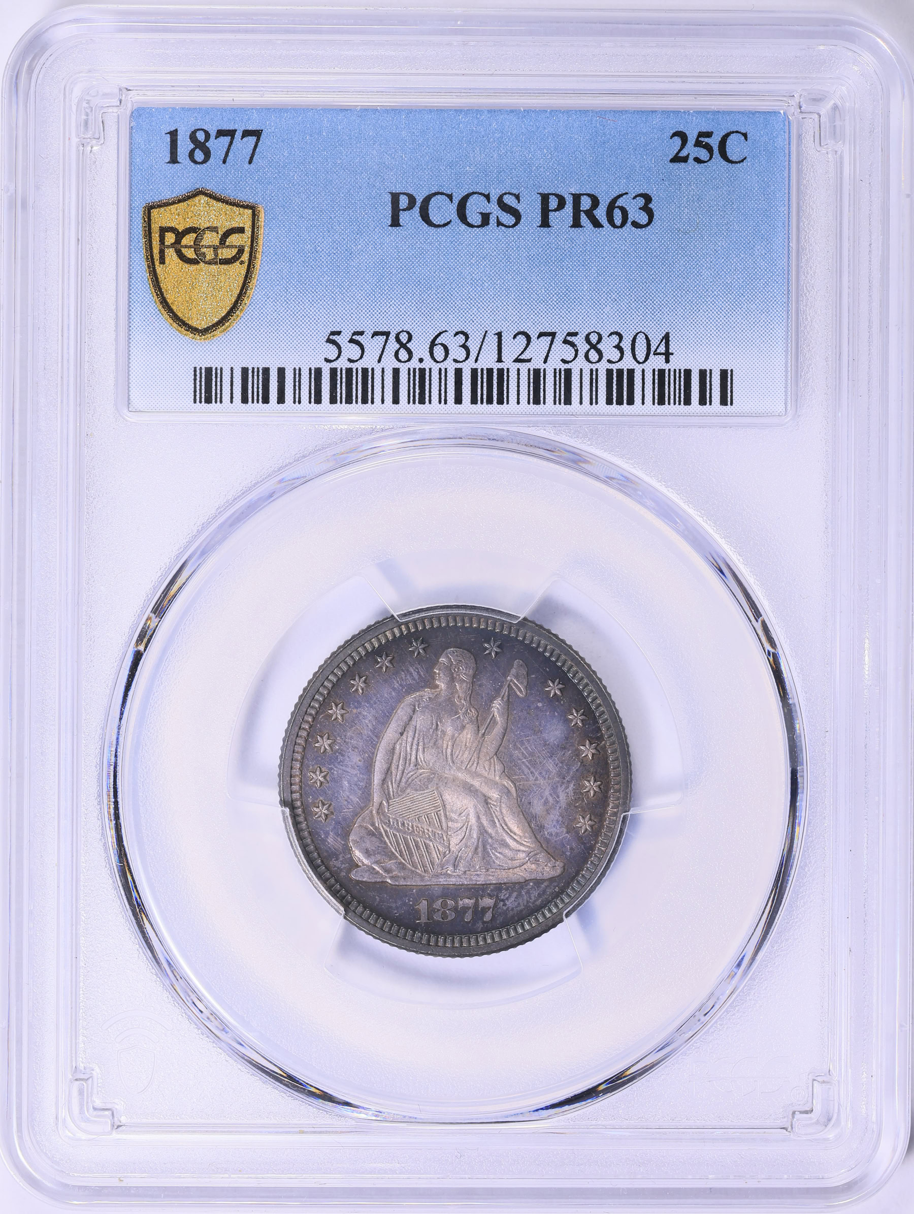 1877 Seated Liberty Quarter PCGS Proof-63 (Toned) (Item 1876785) | GreatCollections Coin Auctions