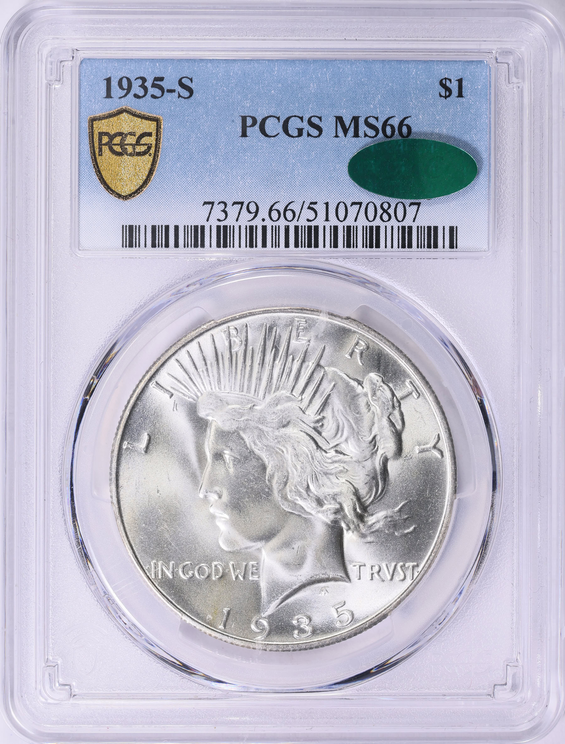 1935-S Peace Silver Dollar PCGS MS-66 (CAC Green) (Item 1876872) | GreatCollections Coin Auctions