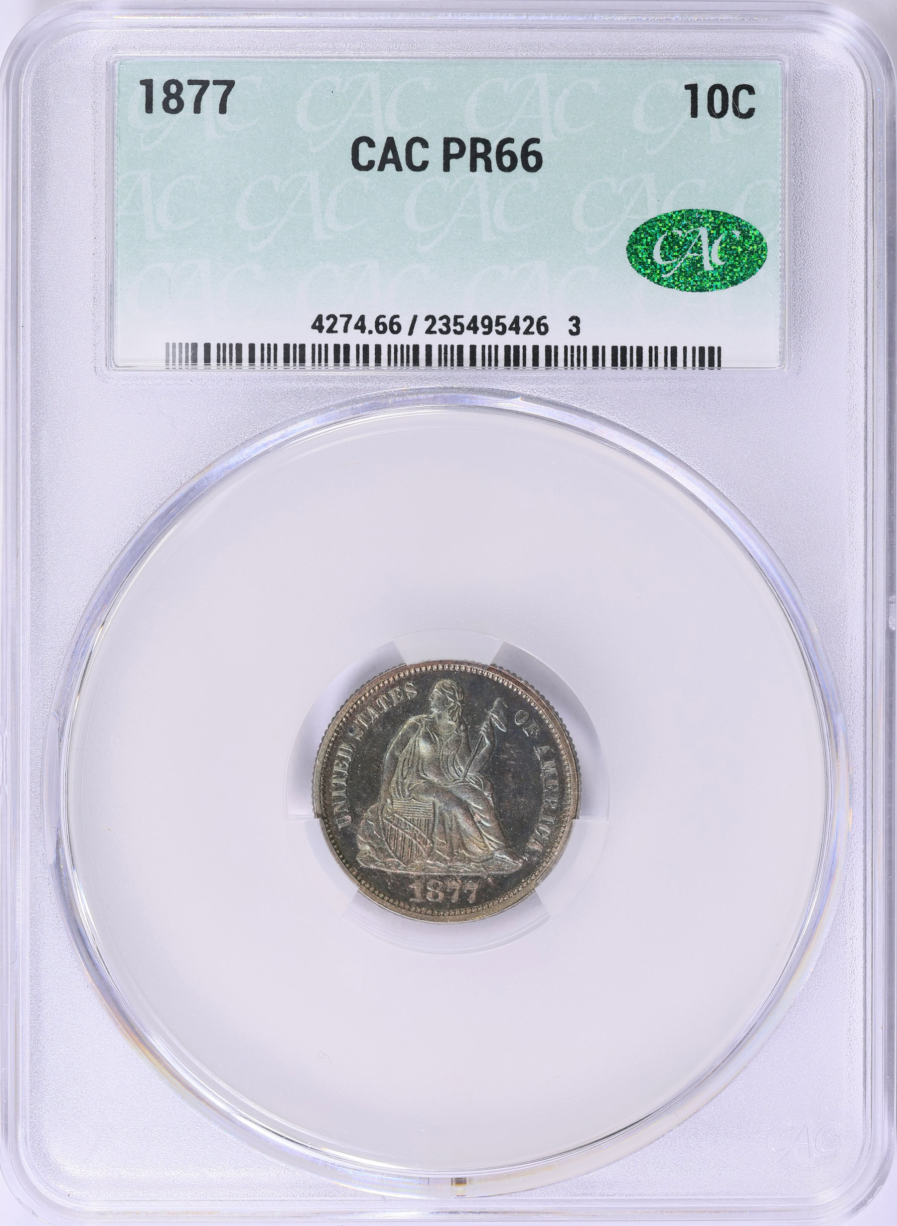1877 Seated Liberty Dime CACG Proof-66 (Toned) (Item 1876973) | GreatCollections Coin Auctions