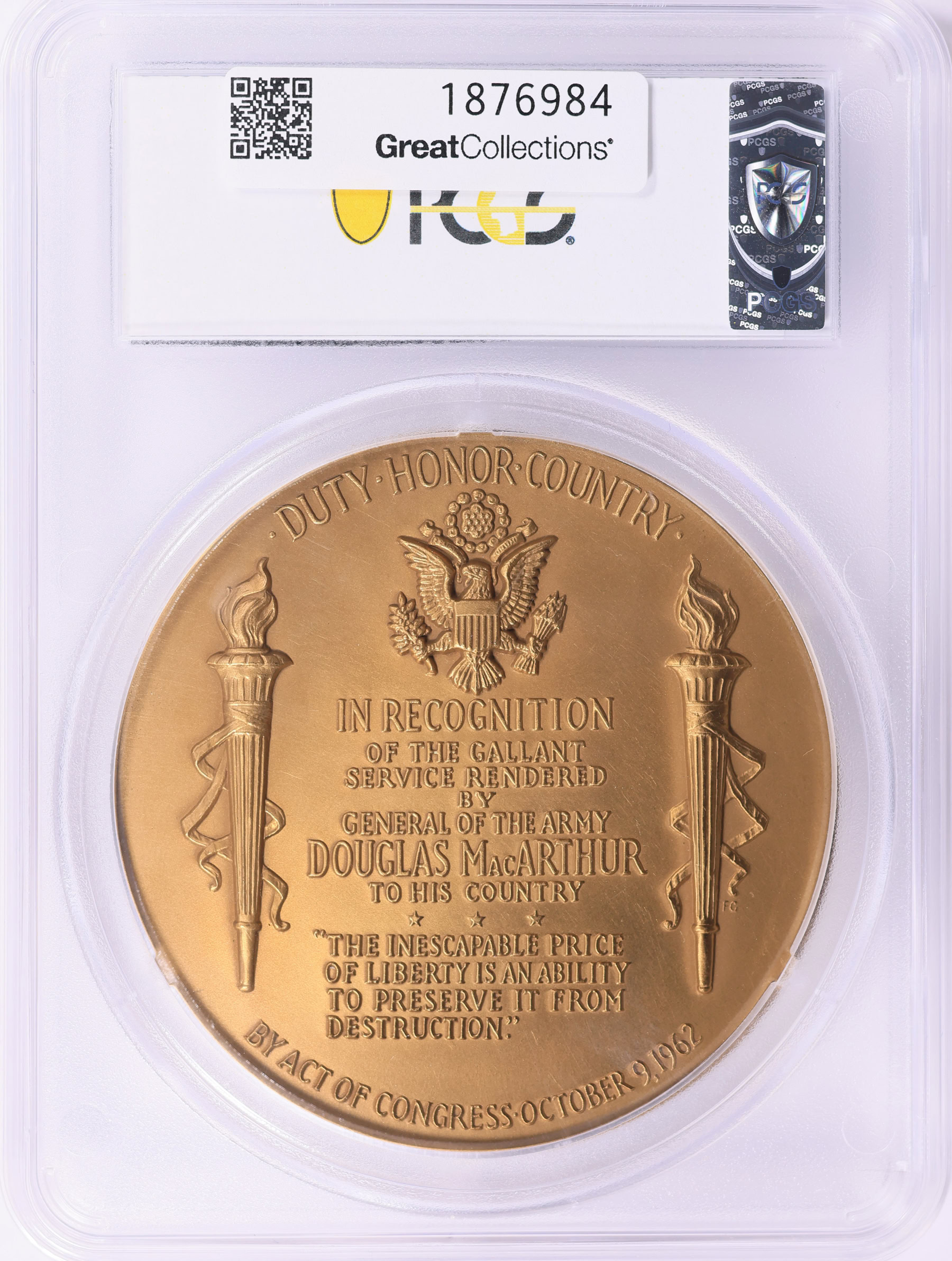 1962 Bronze 75mm General Douglas MacArthur U.S. Mint Medal D1962-2b ...
