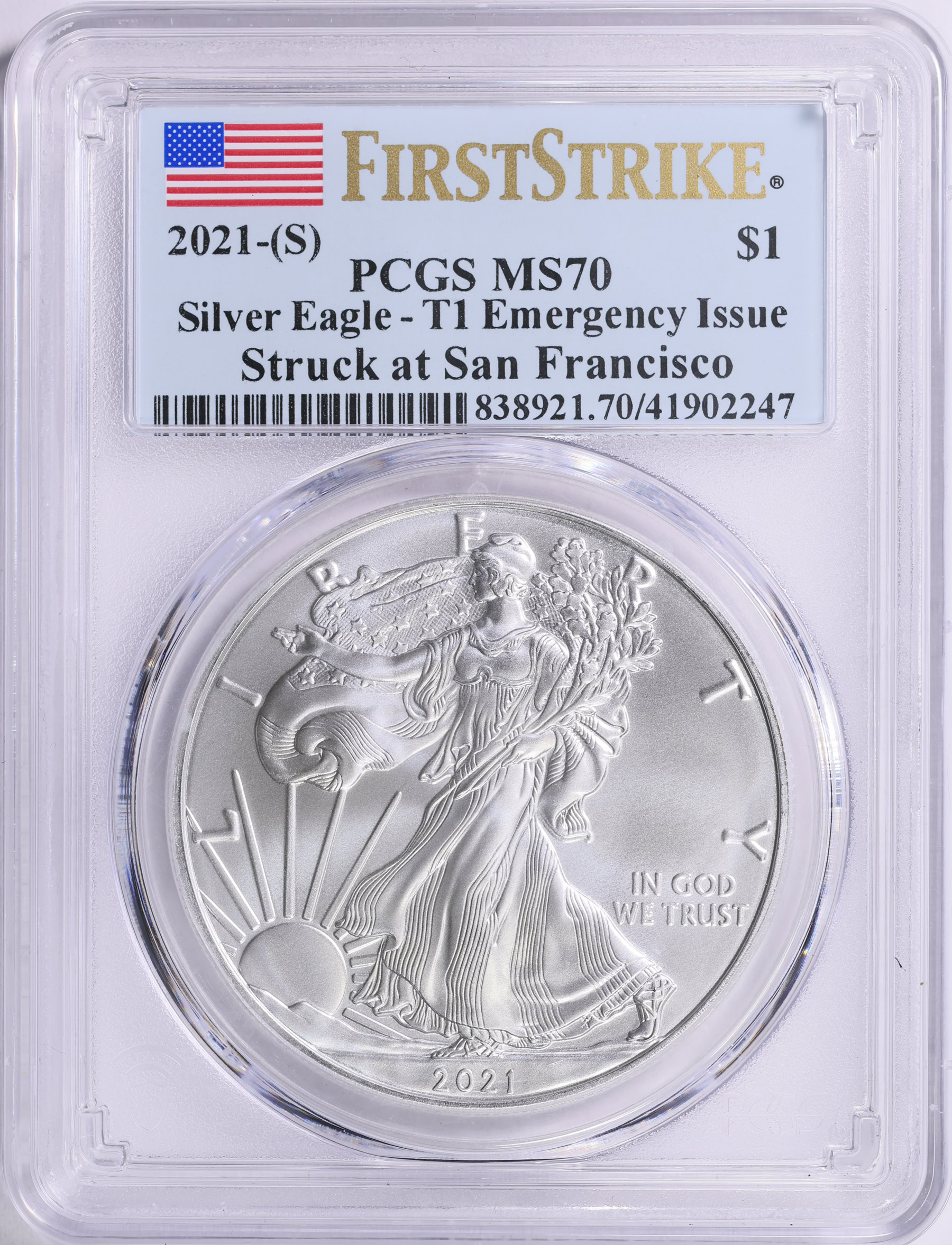 2021-(S) $1 Silver Eagle Type 1 Struck at San Francisco Emergency Issue First Strike PCGS MS-70 ...