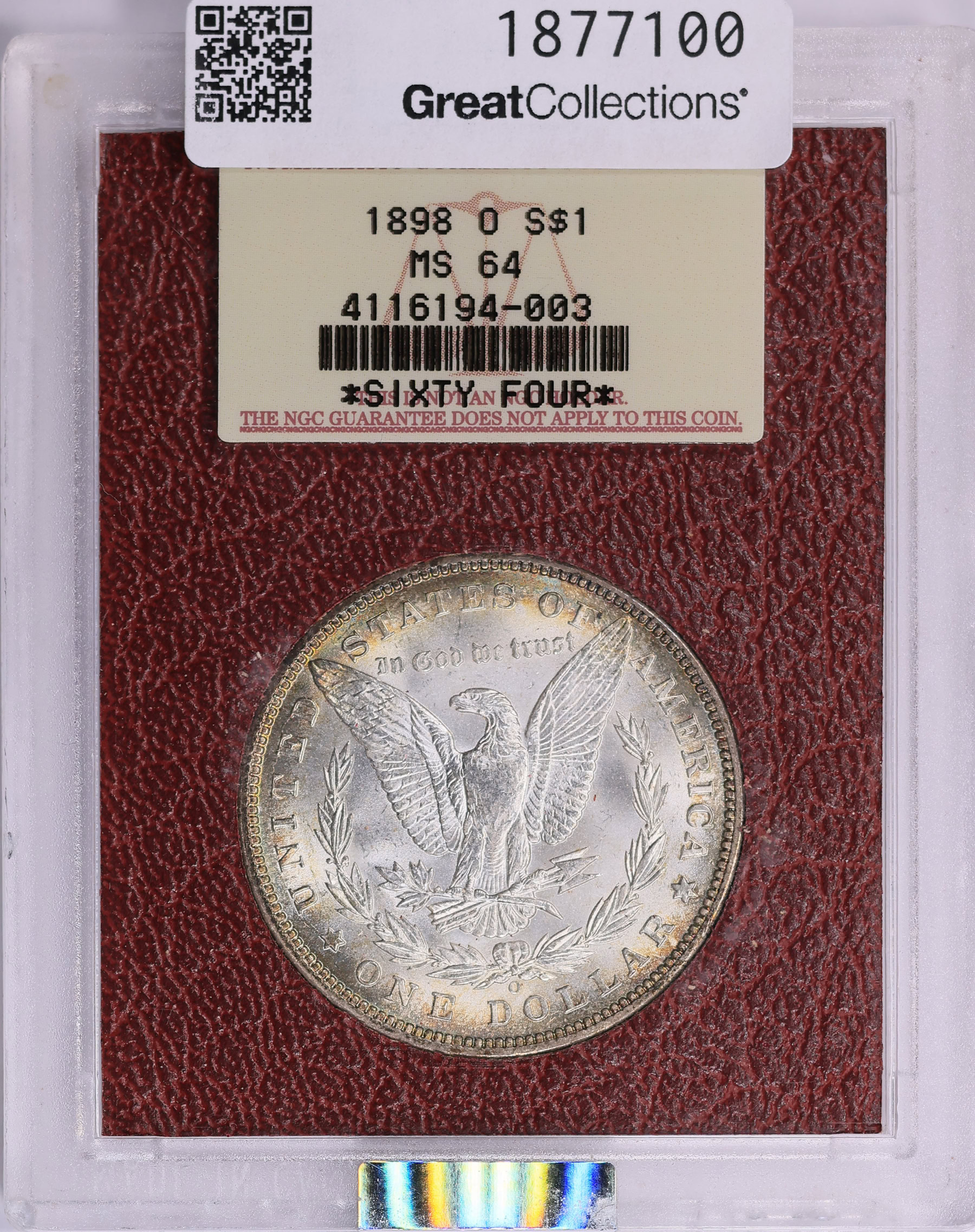 1898-O Morgan Silver Dollar NGC MS-64 (Paramount Red Holder) (Toned) | NGC Cert #4116194-003 ...