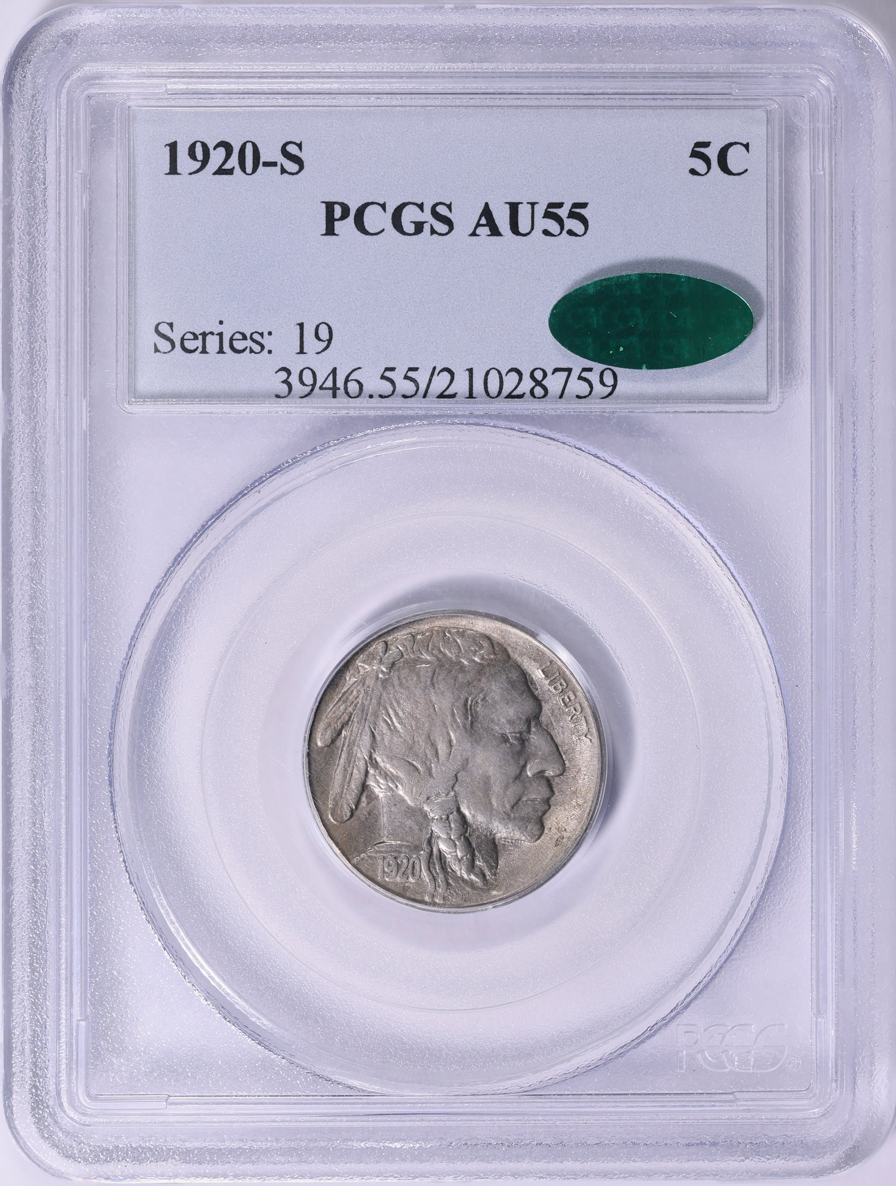 1920-S Buffalo Nickel PCGS AU-55 (CAC Green) (Item 1877334 ...
