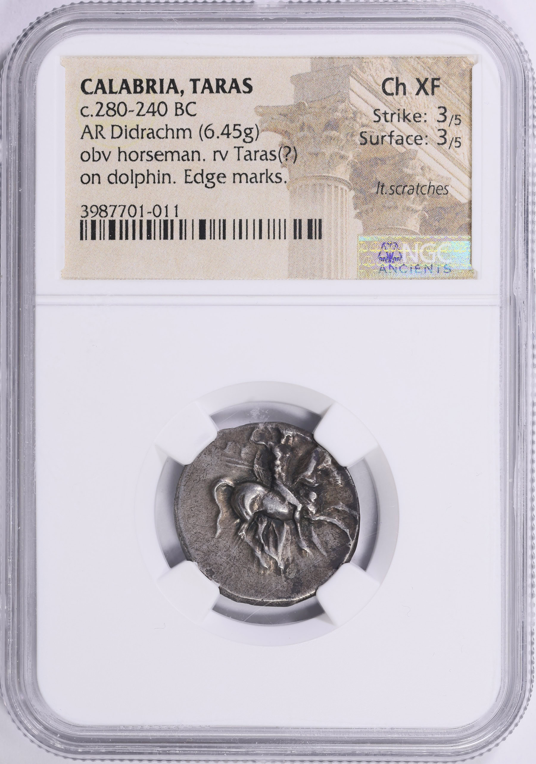 Ancient Calabria, Taras c.280-240 B.C. AR Didrachm (6.45gms) NGC Ch XF ...