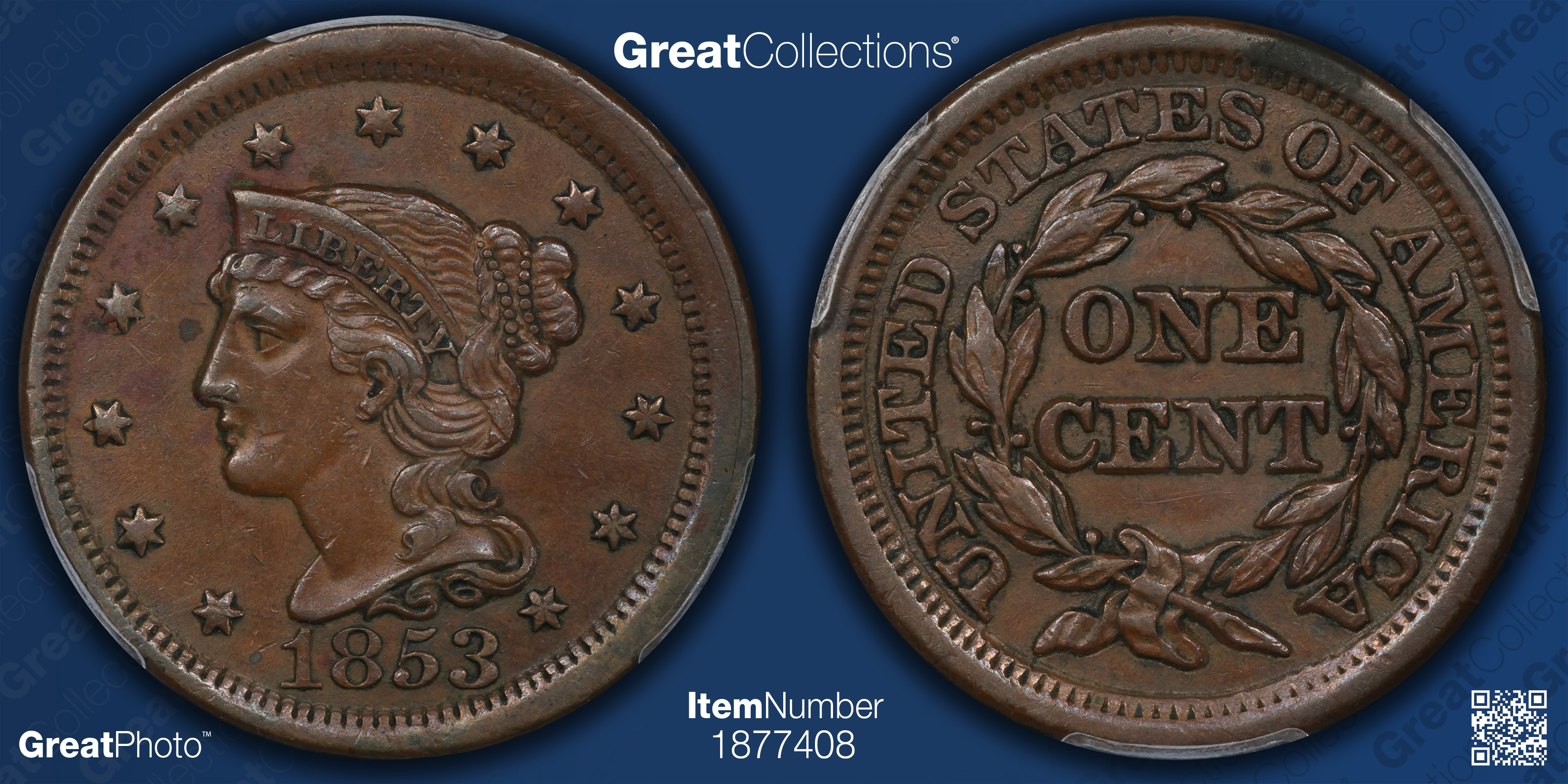 1853 Braided Hair Cent PCGS AU-50 BN (Item 1877408) | GreatCollections ...