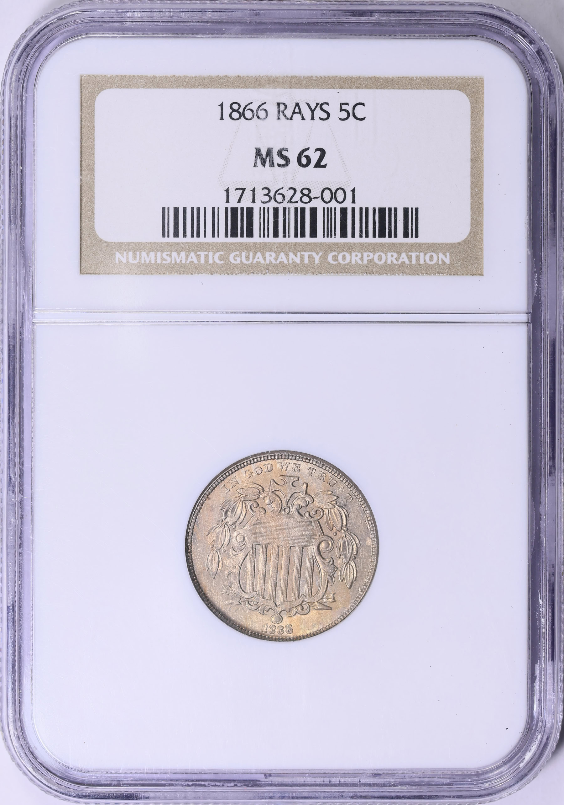 1866 Shield Nickel Rays NGC MS-62 (Item 1877581) | GreatCollections Coin Auctions