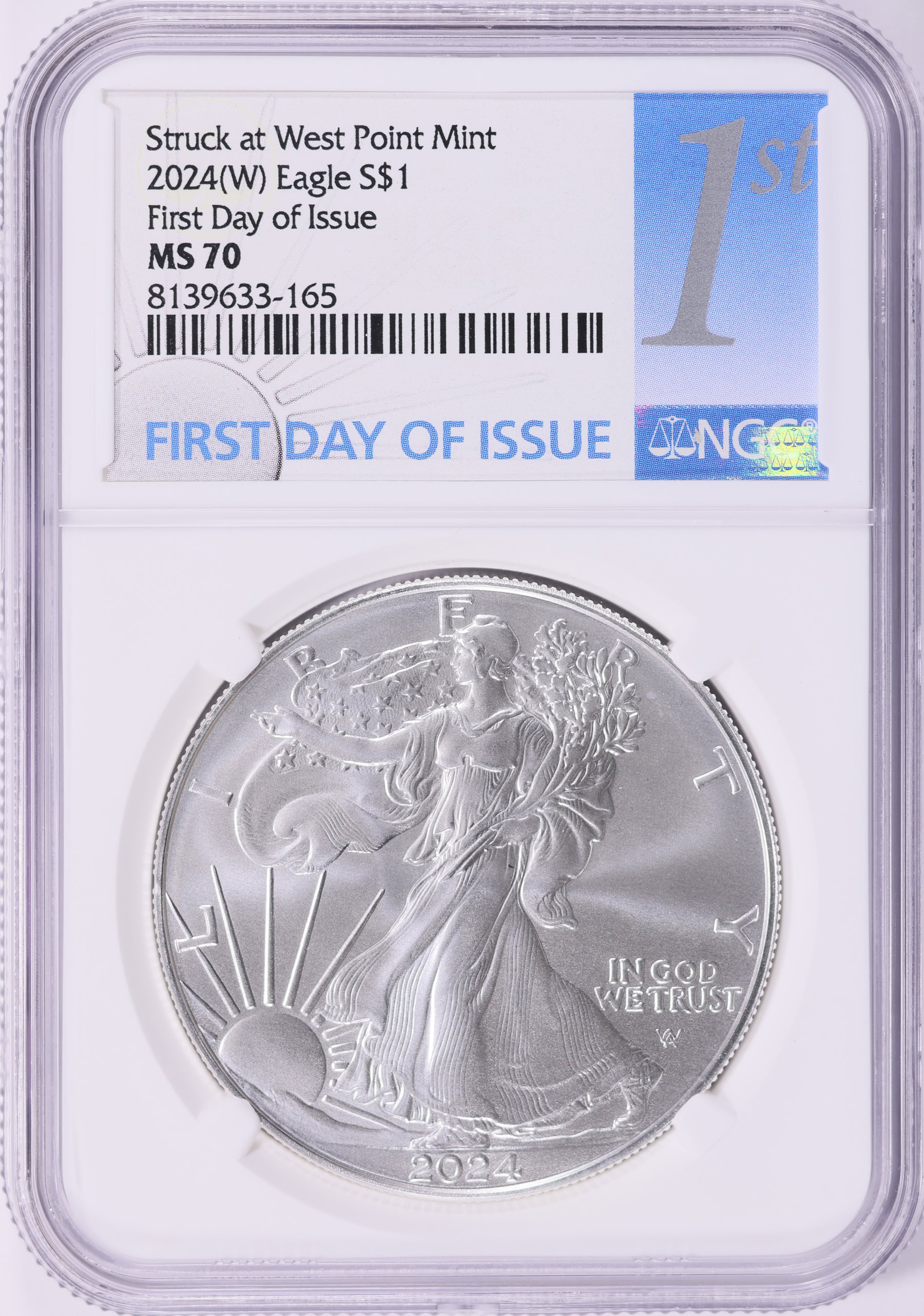 2024-(W) $1 Silver Eagle Struck at West Point First Day of Issue NGC MS-70 | NGC Cert #8139633 ...