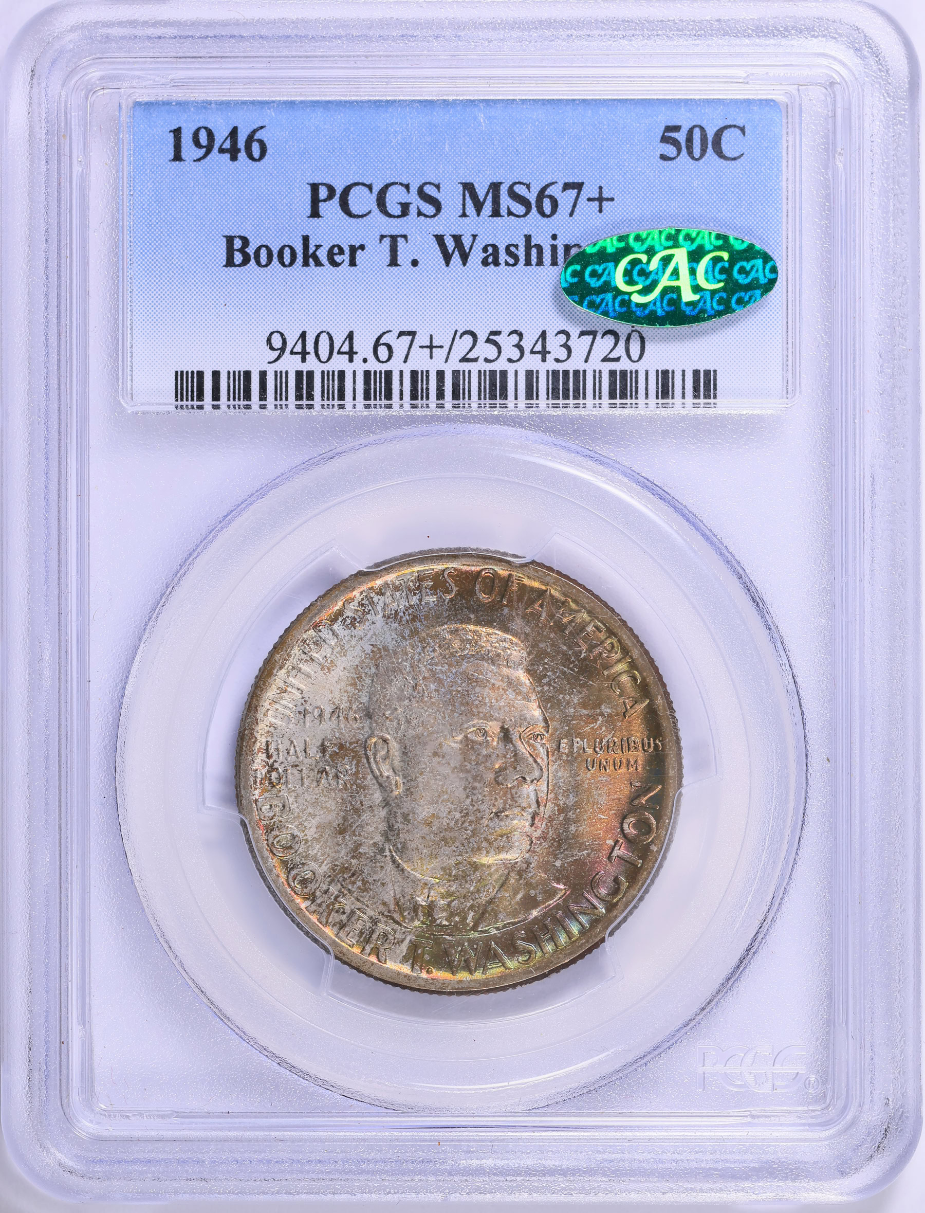 1946 Booker T. Washington Memorial Half Dollar PCGS MS-67+ (CAC Green) (Toned) (Item 1877892 ...