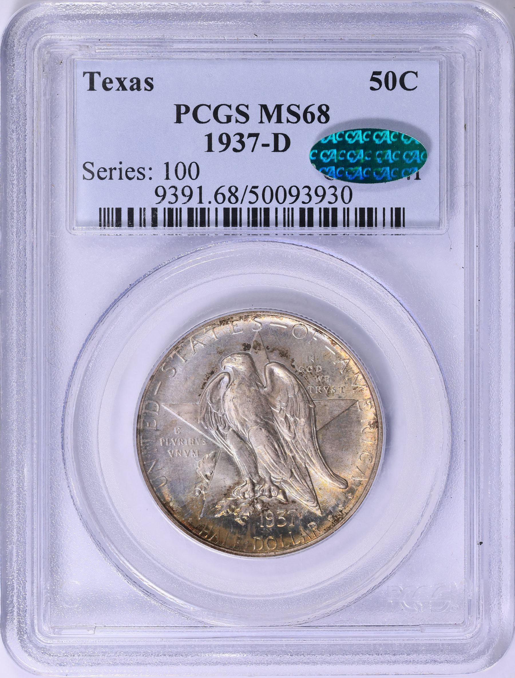 1937-D Texas Centennial Half Dollar PCGS MS-68 (CAC Green) (Toned ...