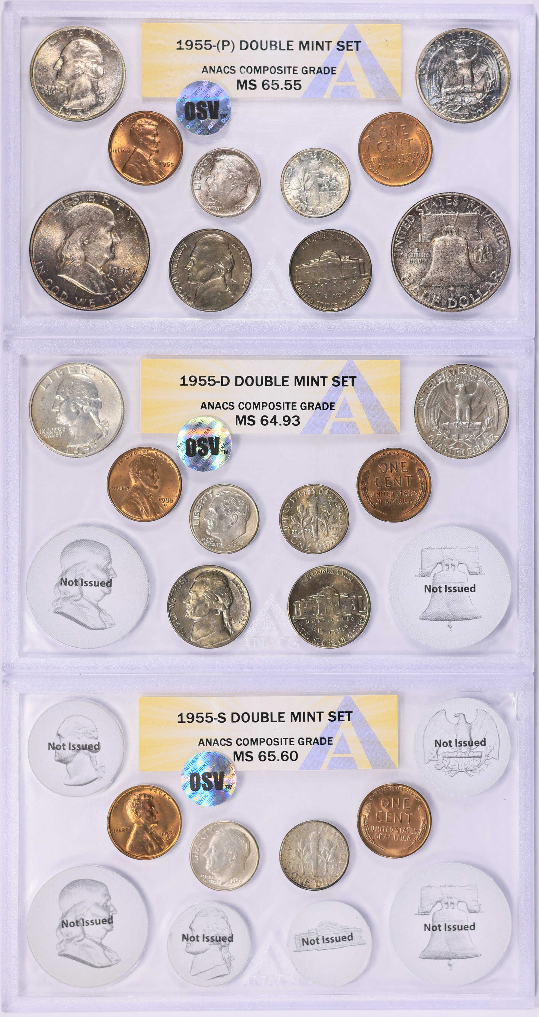 1955 U.S. Mint Double Mint Set ANACS Composite Grades MS-65.55/64.93/65 ...