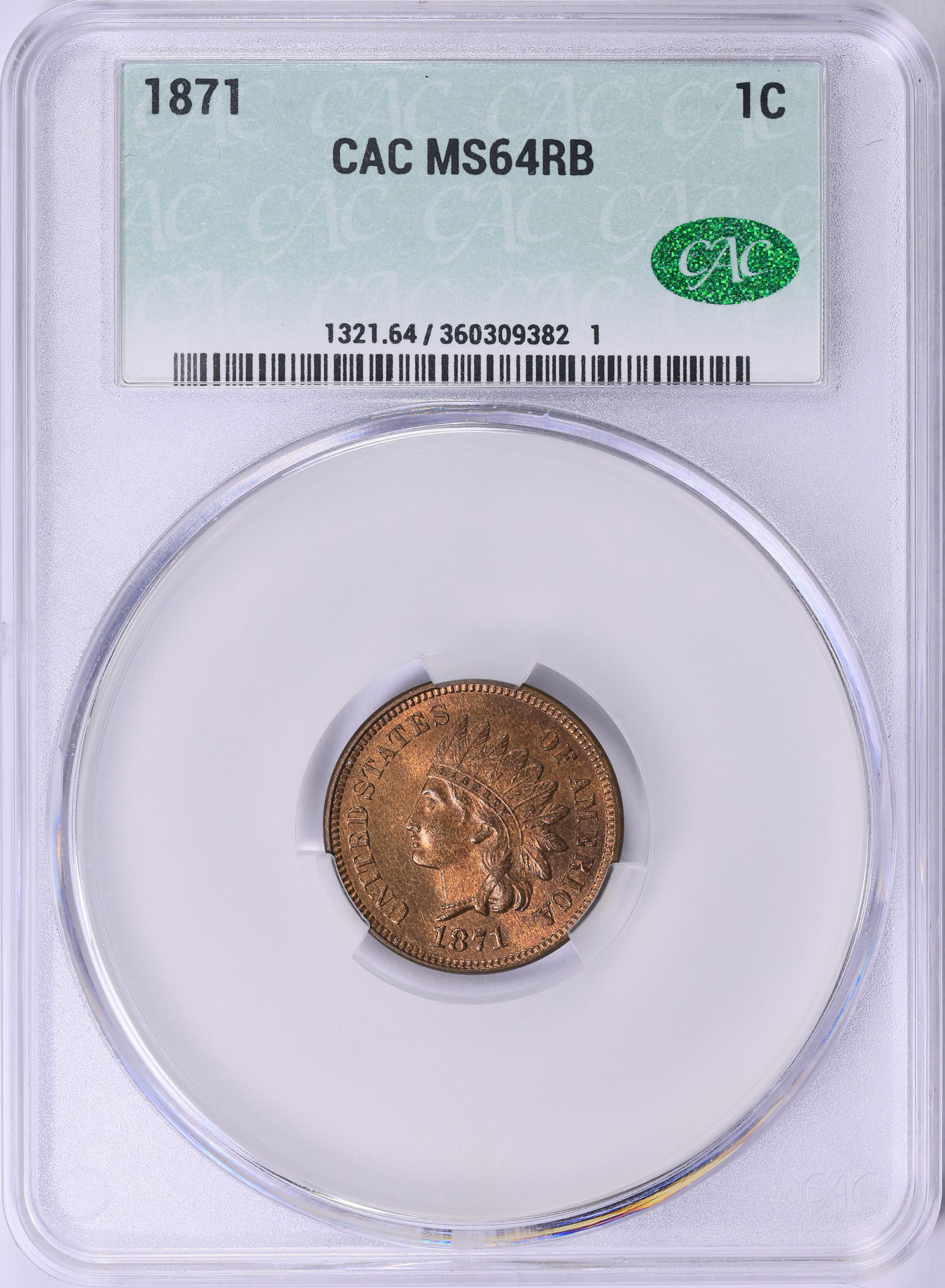 1871 Indian Cent CACG MS-64 RB (Item 1878296) | GreatCollections Coin Auctions
