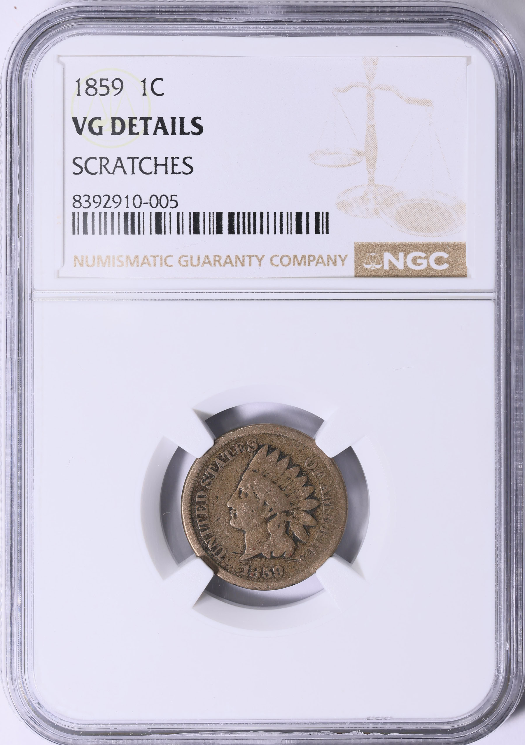 1859 Indian Cent NGC VG Details (Item 1878374) | GreatCollections Coin ...
