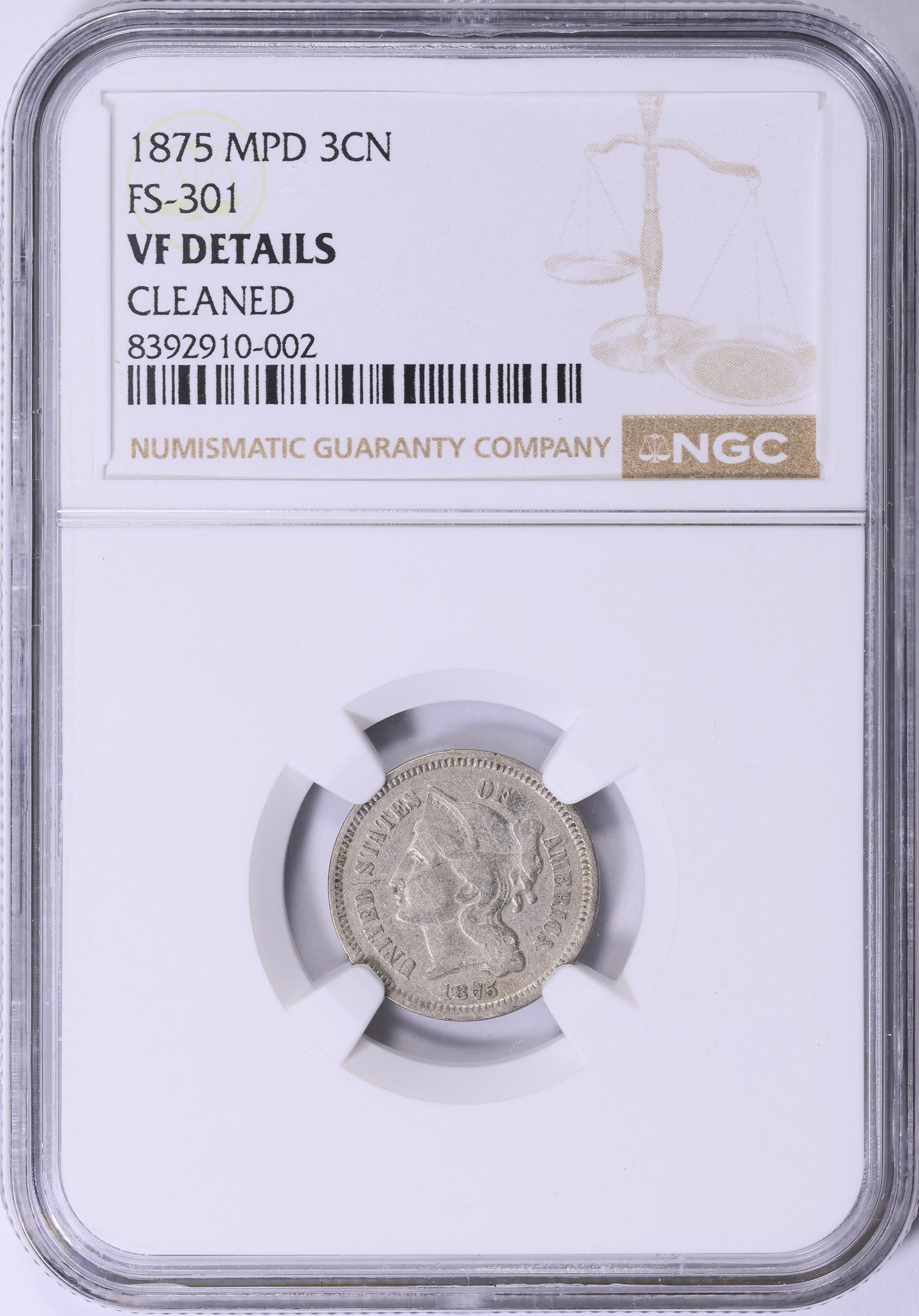 1875 Nickel Three-Cent Piece Misplaced Digit FS-301 NGC VF Details ...