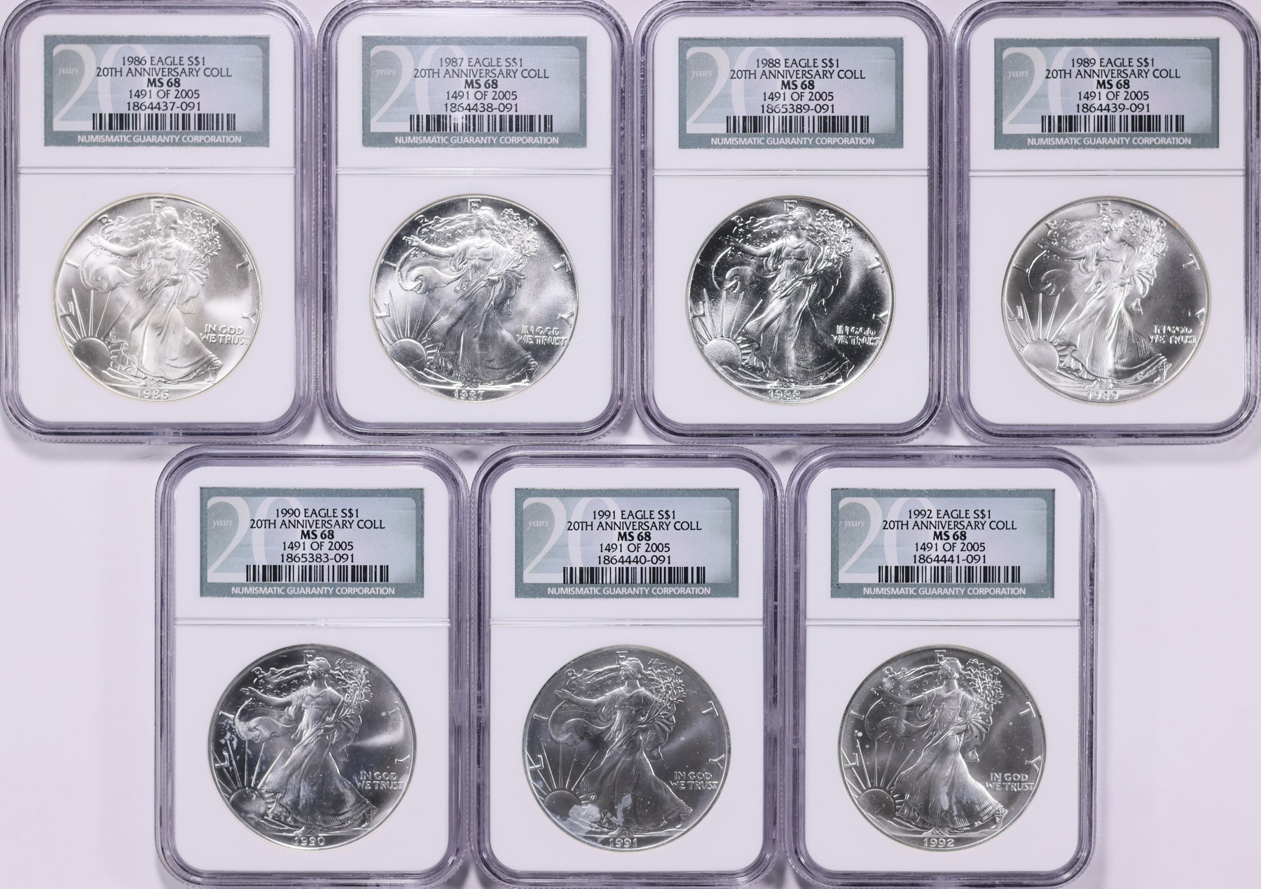 1986 - 2005 $1 Silver Eagle Date Run NGC MS-68 (20th Anniversary Labels ...
