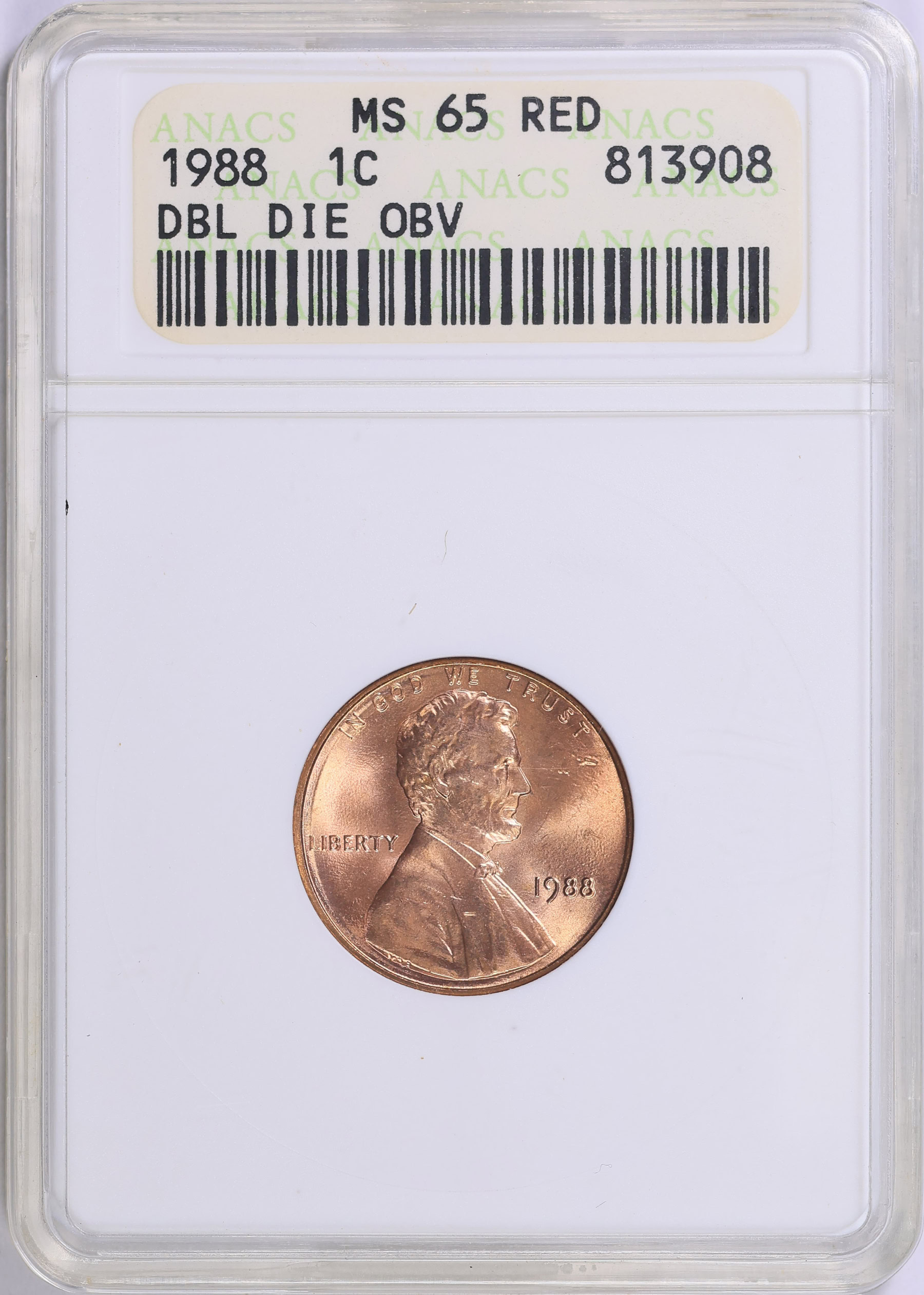 1988 Lincoln Cent Doubled Die Obverse ANACS MS-65 RD OH | ANACS Cert #813908 | GreatCollections ...