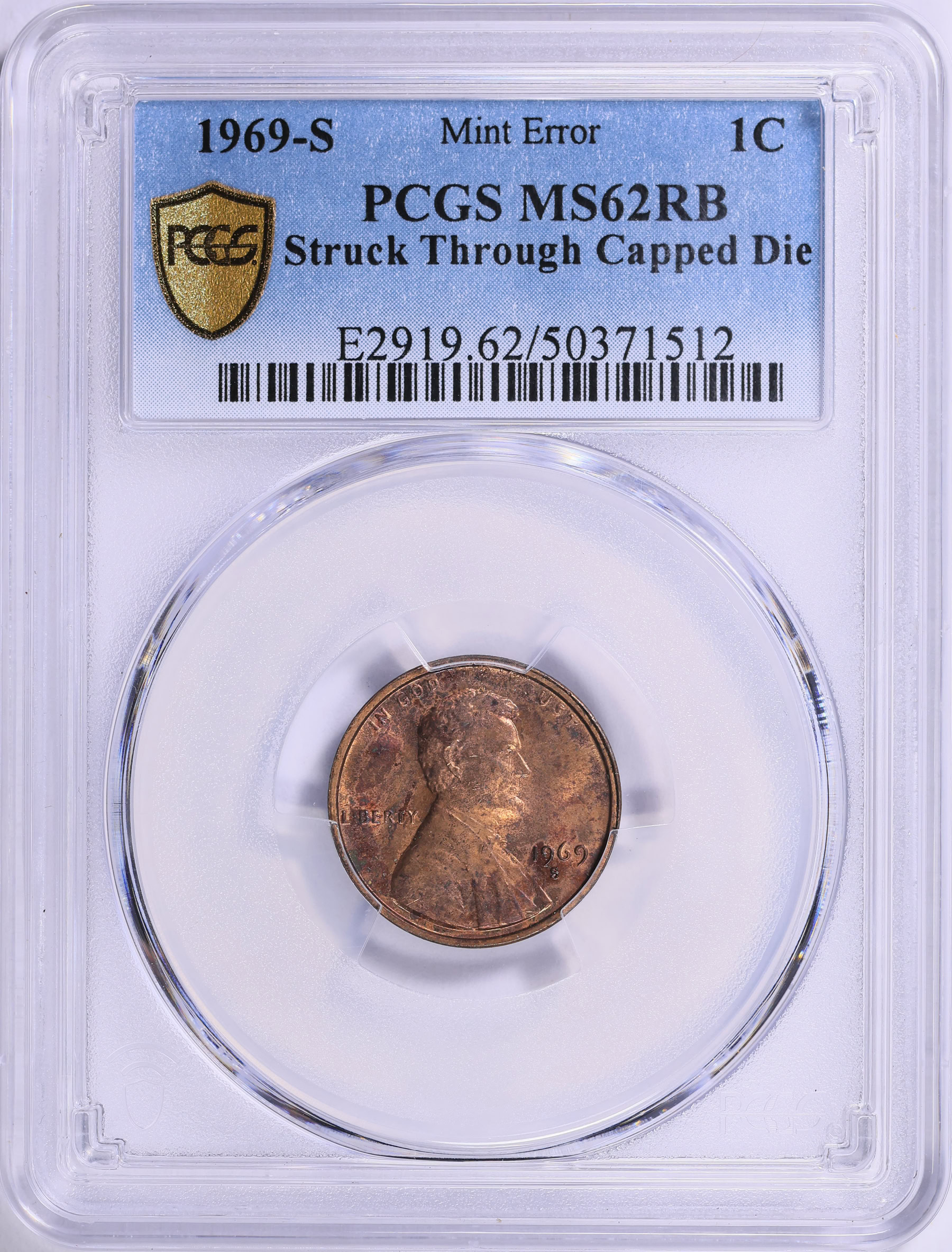 Mint Error 1969-S Lincoln Cent Struck Through Capped Die PCGS MS-62 RB ...