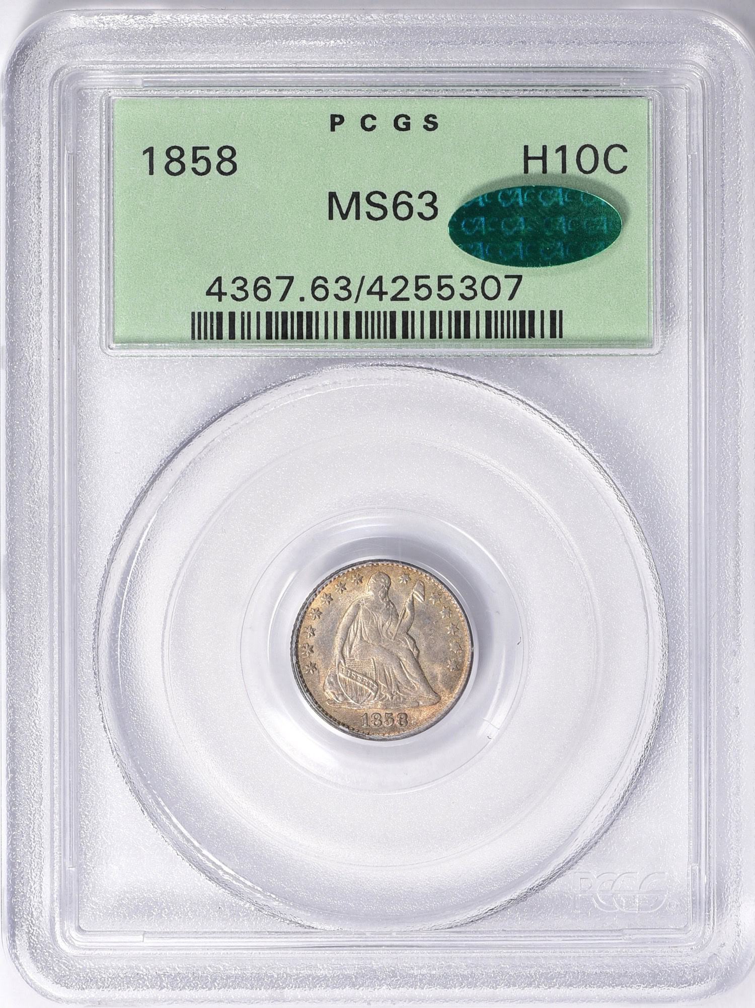 1858 Seated Liberty Half Dime PCGS MS-63 (CAC Green) OGH (Item 1878768) | GreatCollections Coin ...