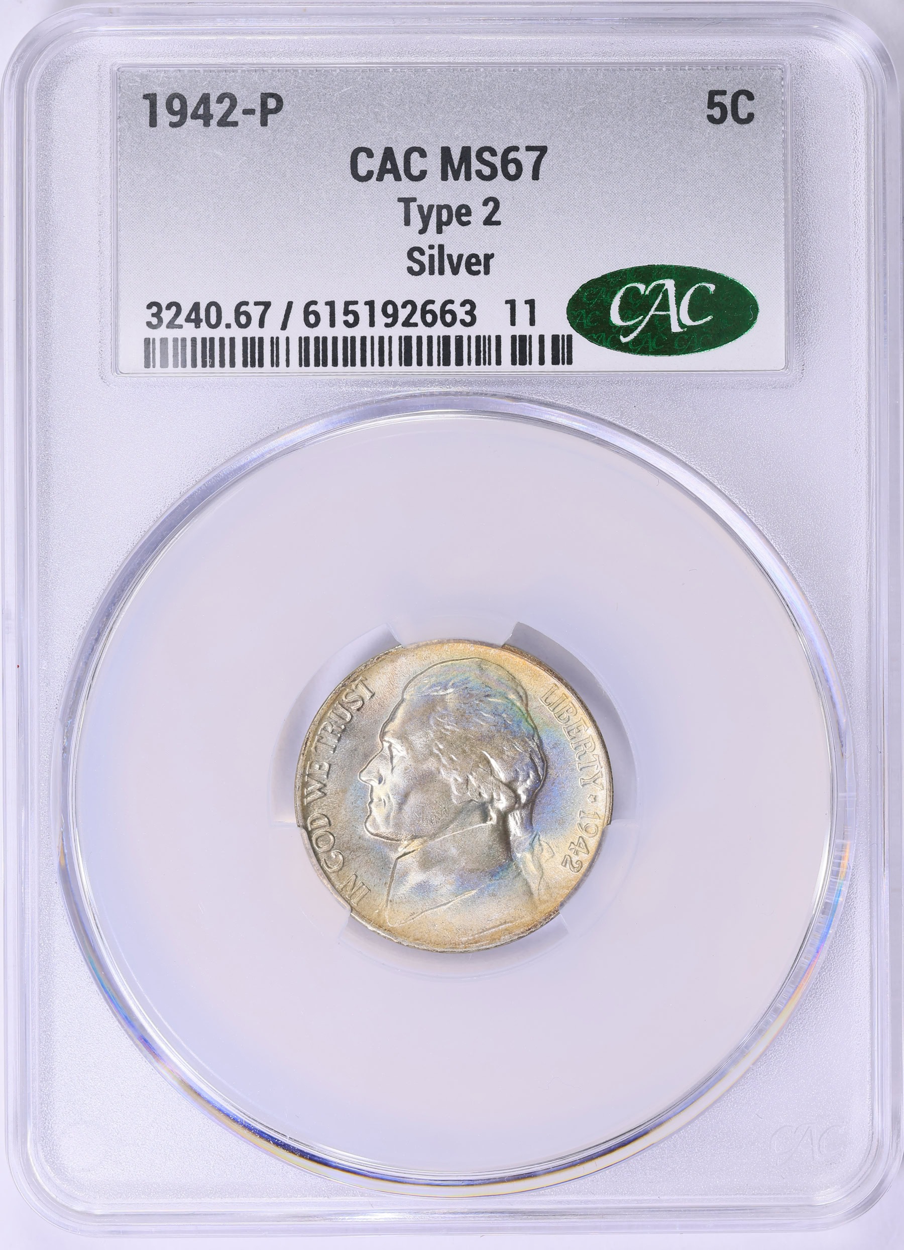1942-P Jefferson Nickel Type 2 CACG MS-67 (Toned) (Item 1878810 ...