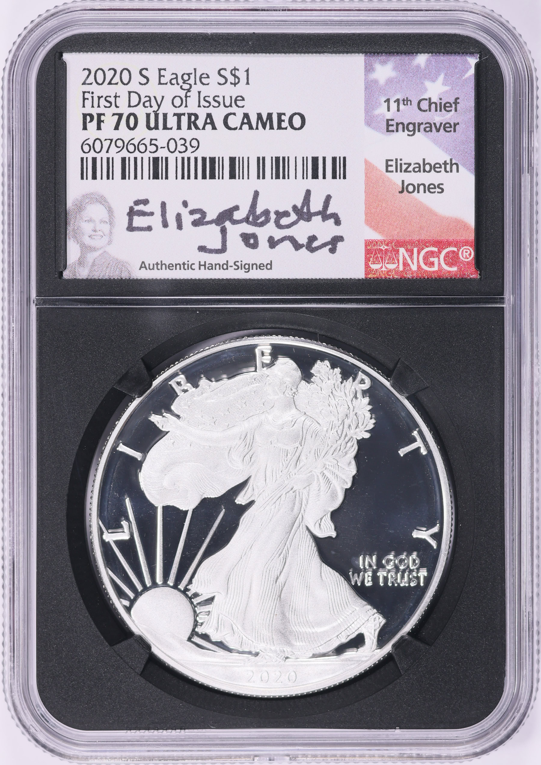 2020-S $1 Silver Eagle First Day of Issue NGC Proof-70 UC (Elizabeth Jones Signed Label) (Item ...