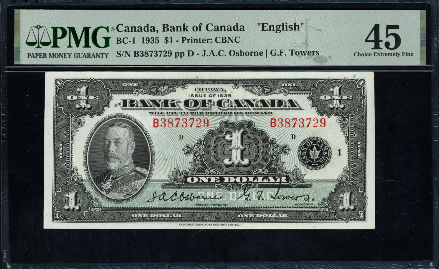 Canada 1935 $1 Bank of Canada Note SCWPM-38 English Text Osborne / Towers PMG Choice Extremely ...
