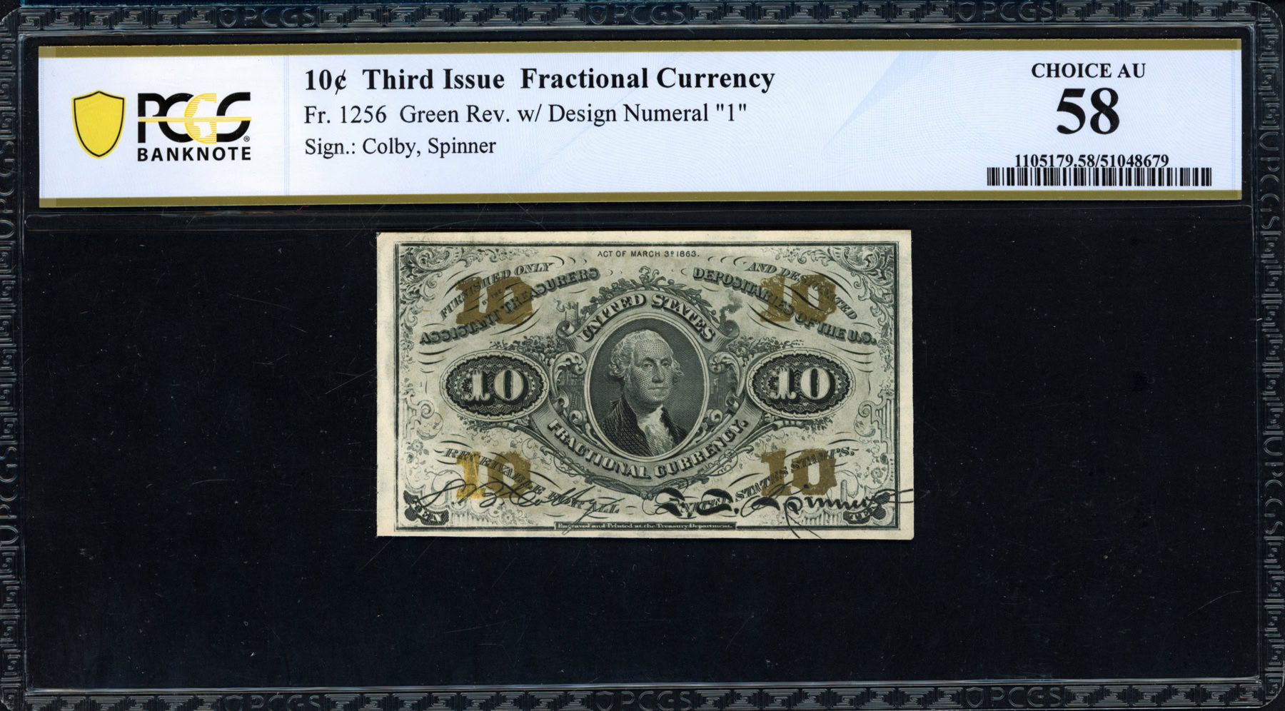 Fr. 1256 Third Issue 10 Cents Fractional Currency Note Design Numeral ...