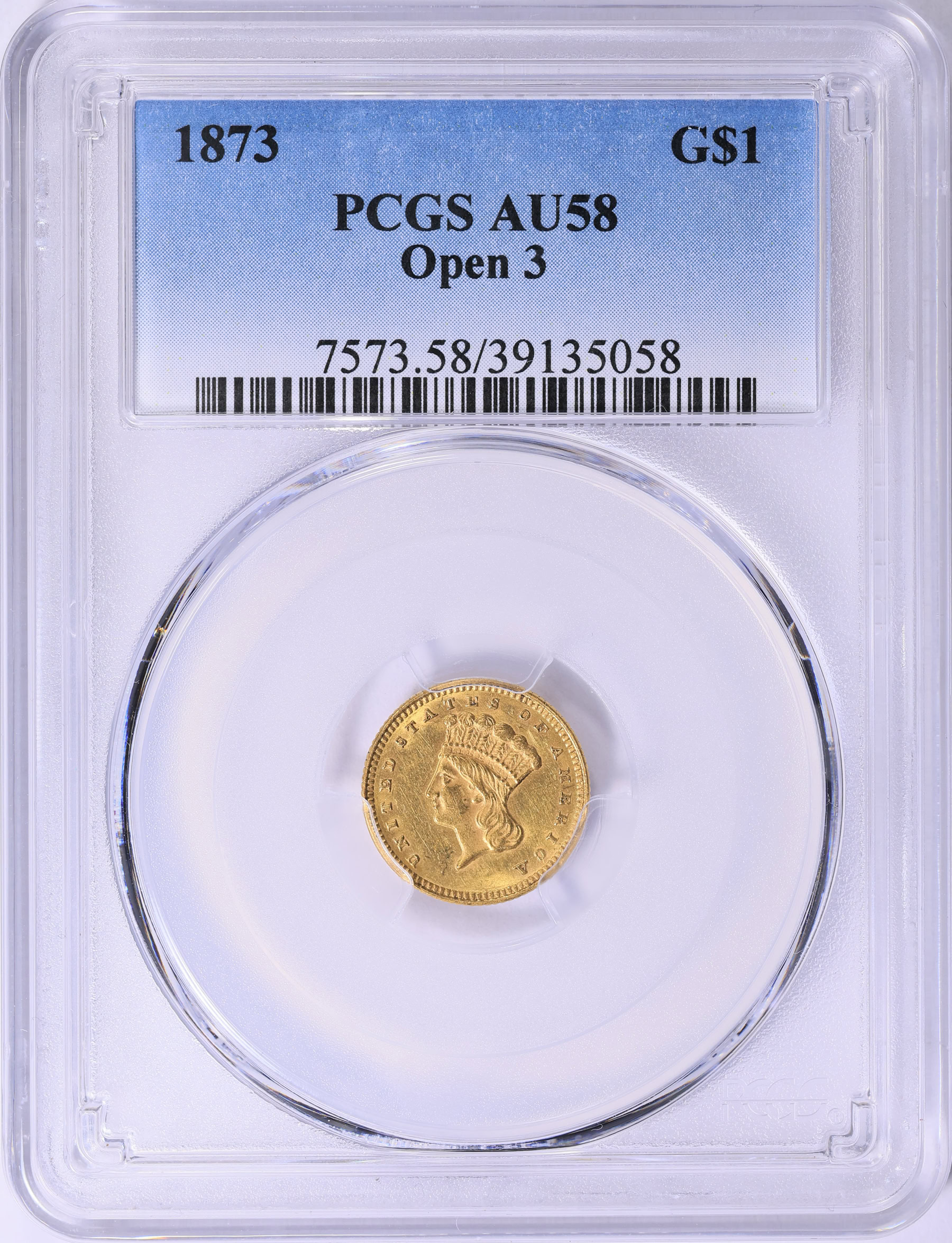 1873 Indian Princess Gold Dollar Open 3 PCGS AU-58 (Item 1879598) | GreatCollections Coin Auctions