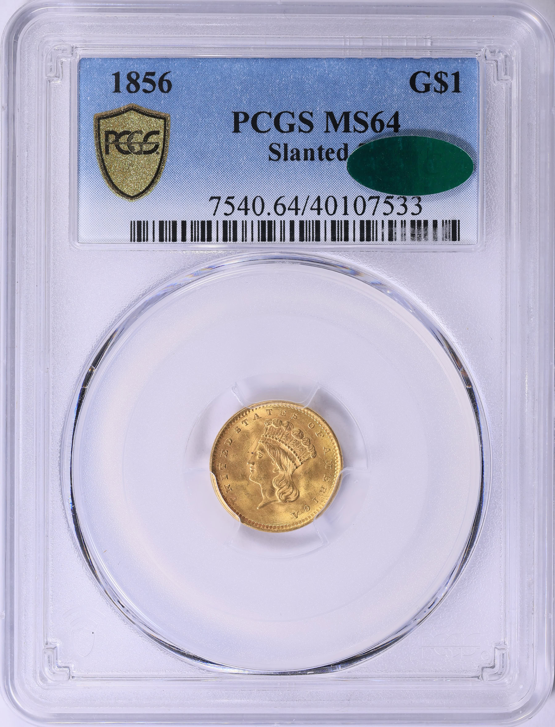 1856 Indian Princess Gold Dollar Slanted 5 PCGS MS-64 (CAC Green) (Item ...
