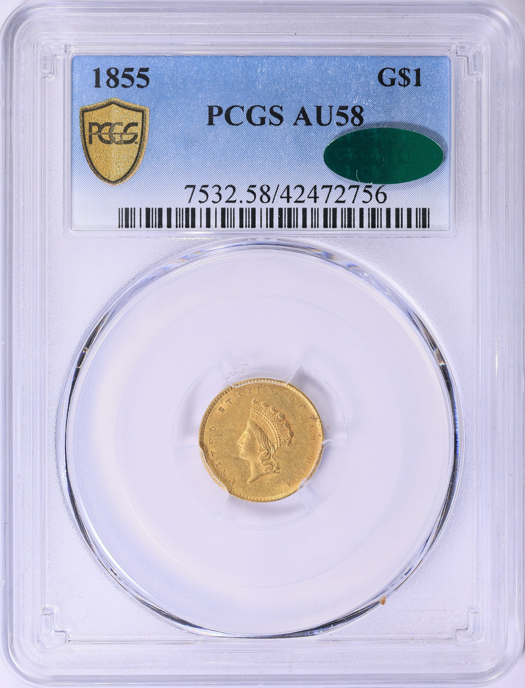 1855 Indian Princess Gold Dollar PCGS AU-58 (CAC Green) (Item 1879608) | GreatCollections Coin ...