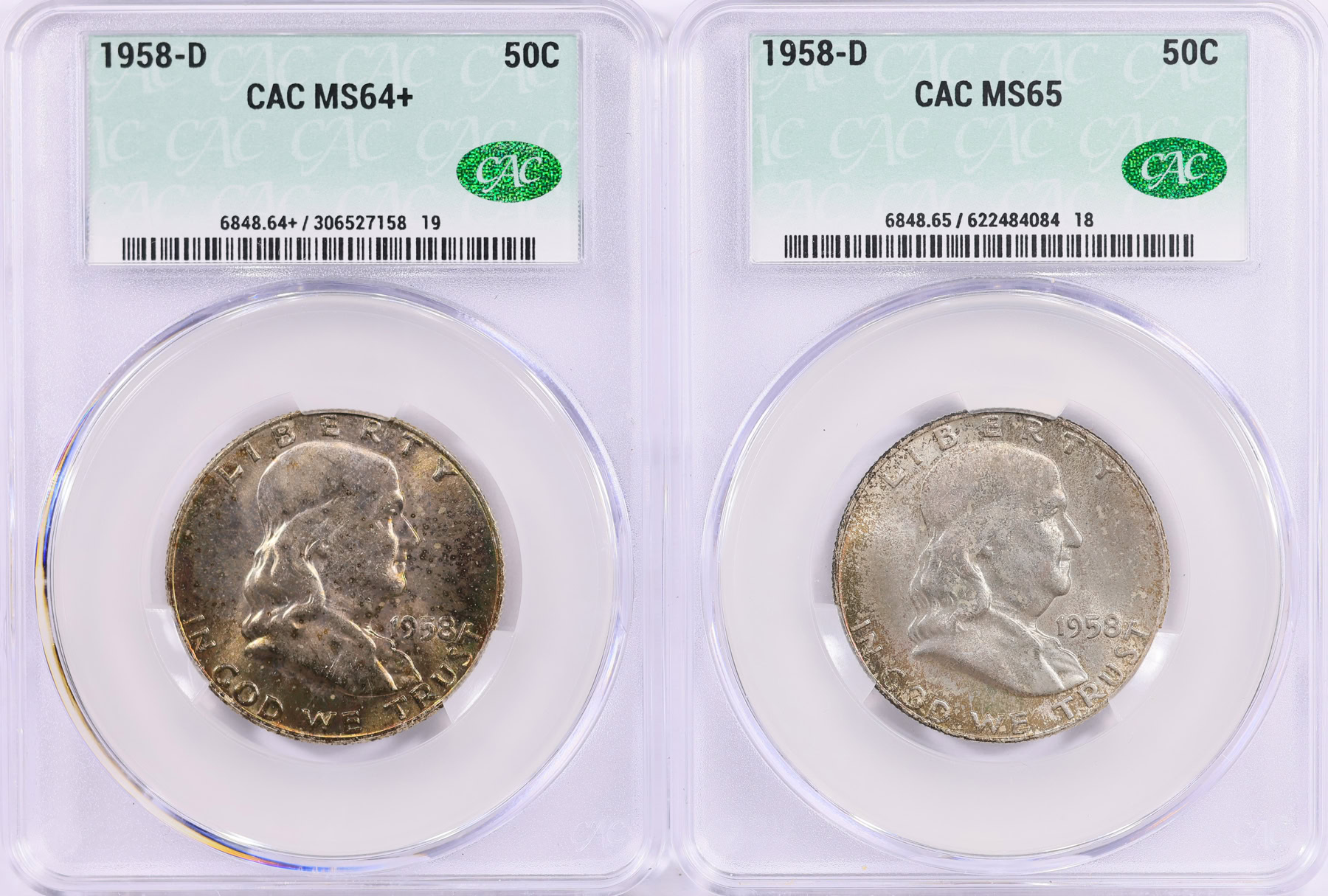 1958-D Franklin Half Dollar CACG MS-64+/65 (2 Coins) (Toned) (Item ...