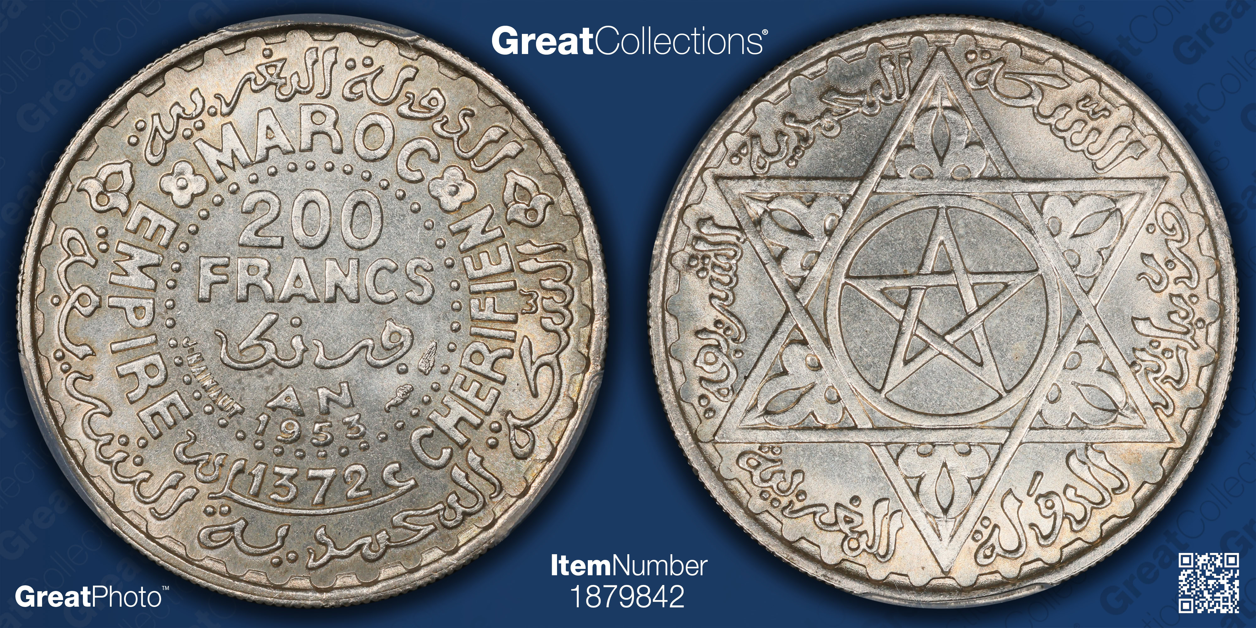Morocco AH 1372 // 1953 Silver 200 Francs Y-53 PCGS MS-66 (Toned) (Item ...
