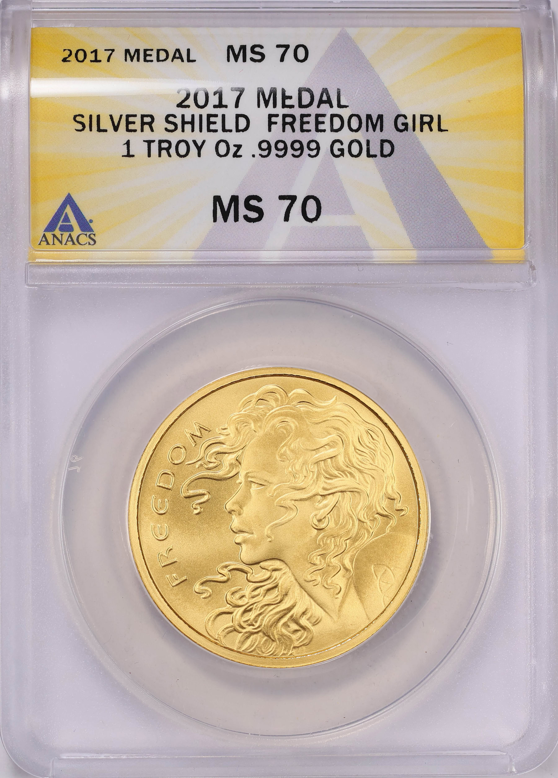 2017 Gold 1oz Silver Shield Freedom Girl Private Mint medal ANACS MS-70 ...