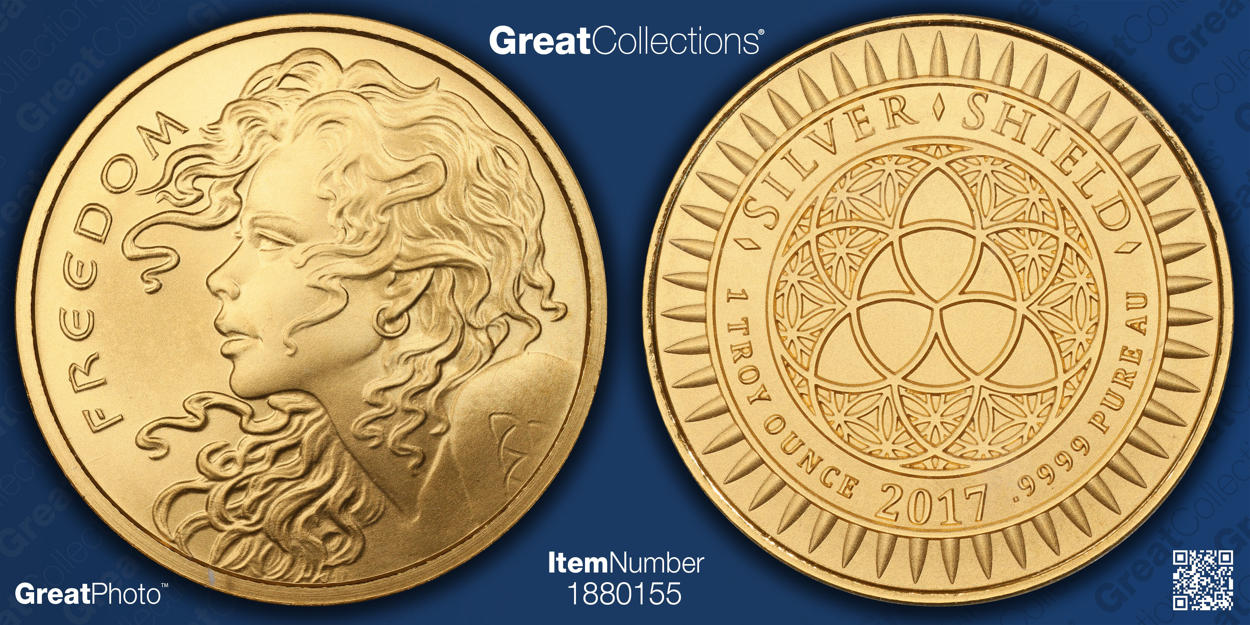 2017 Gold 1oz Silver Shield Freedom Girl Private Mint medal ANACS MS-70 ...