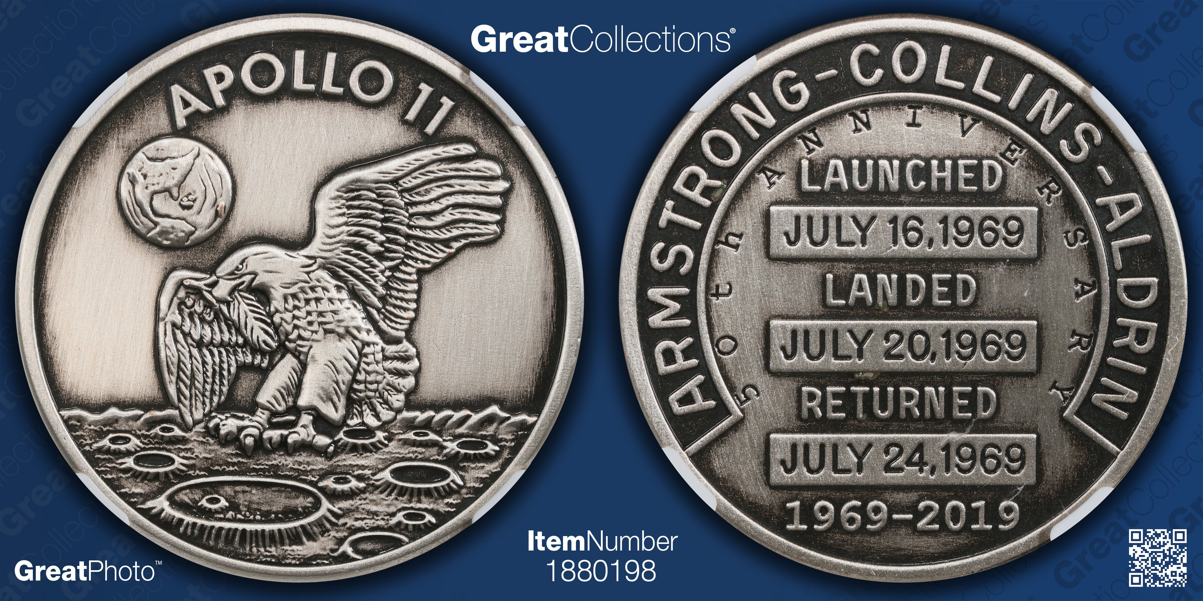 2019 Silvered Clad 1oz Apollo 11 50th Anniversary Robbins Medal ...